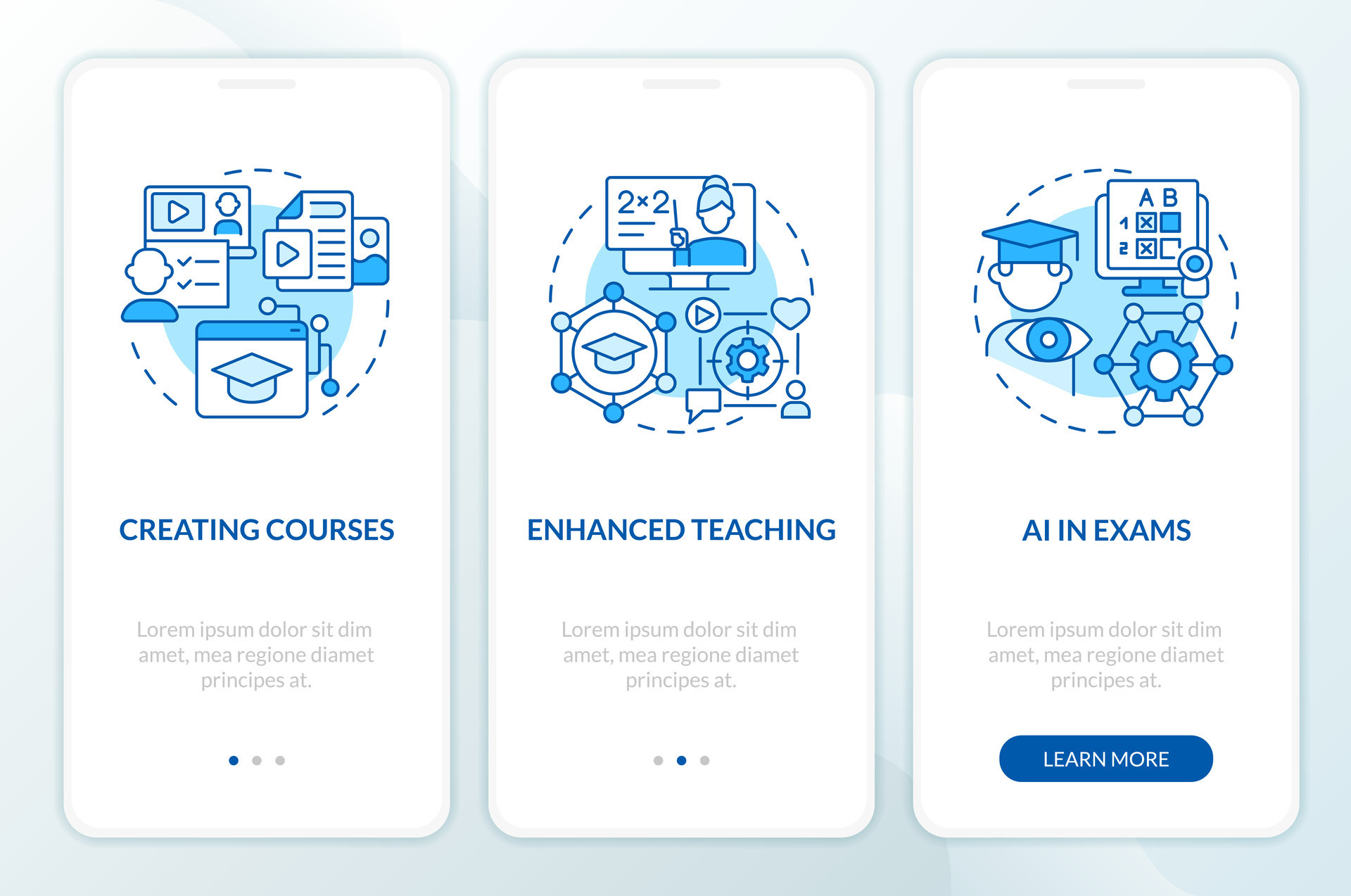 3 steps 2D blue icons representing AI in education, graphic ...