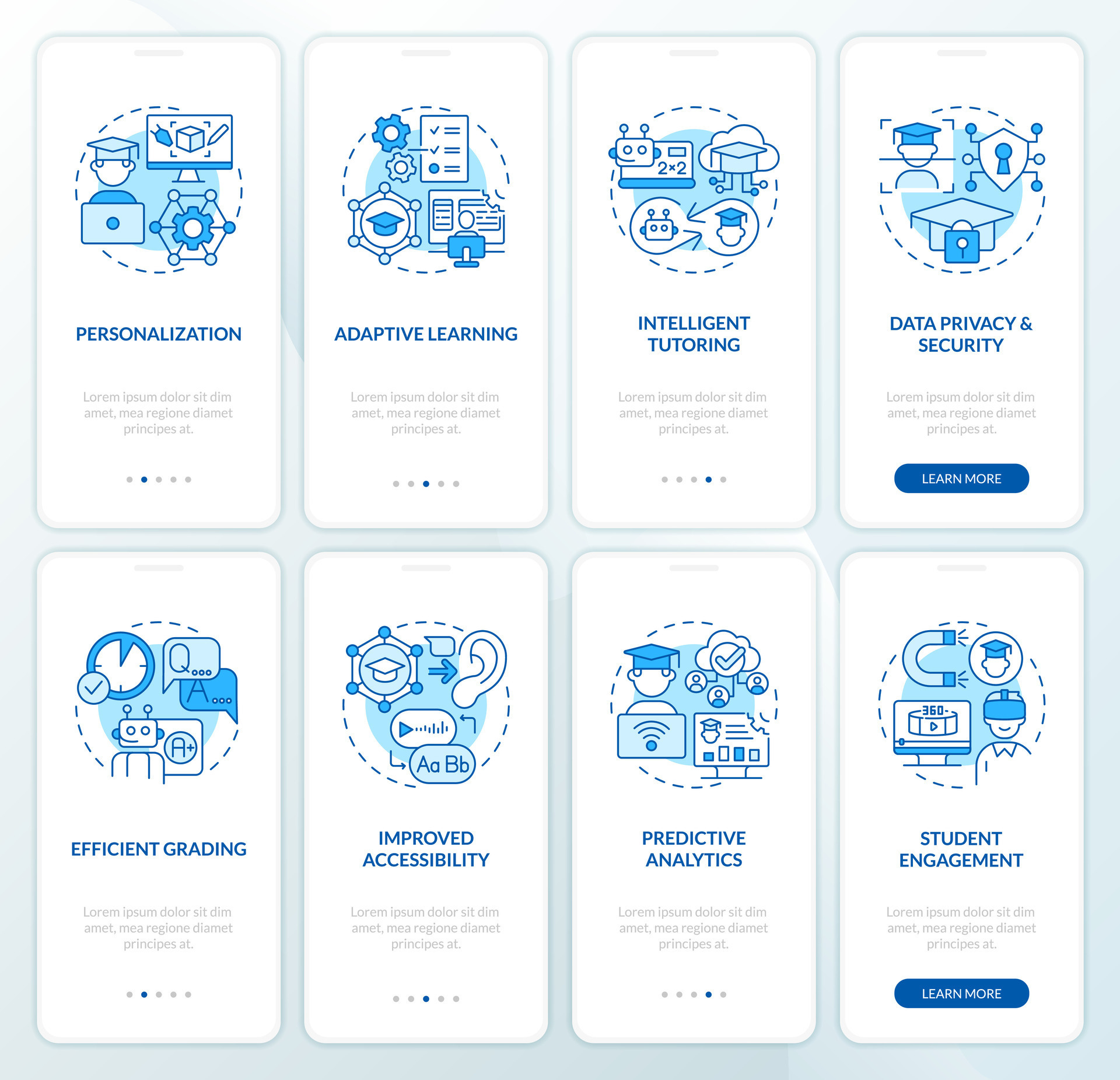 2D blue icons representing AI in education, graphic instructions with ...
