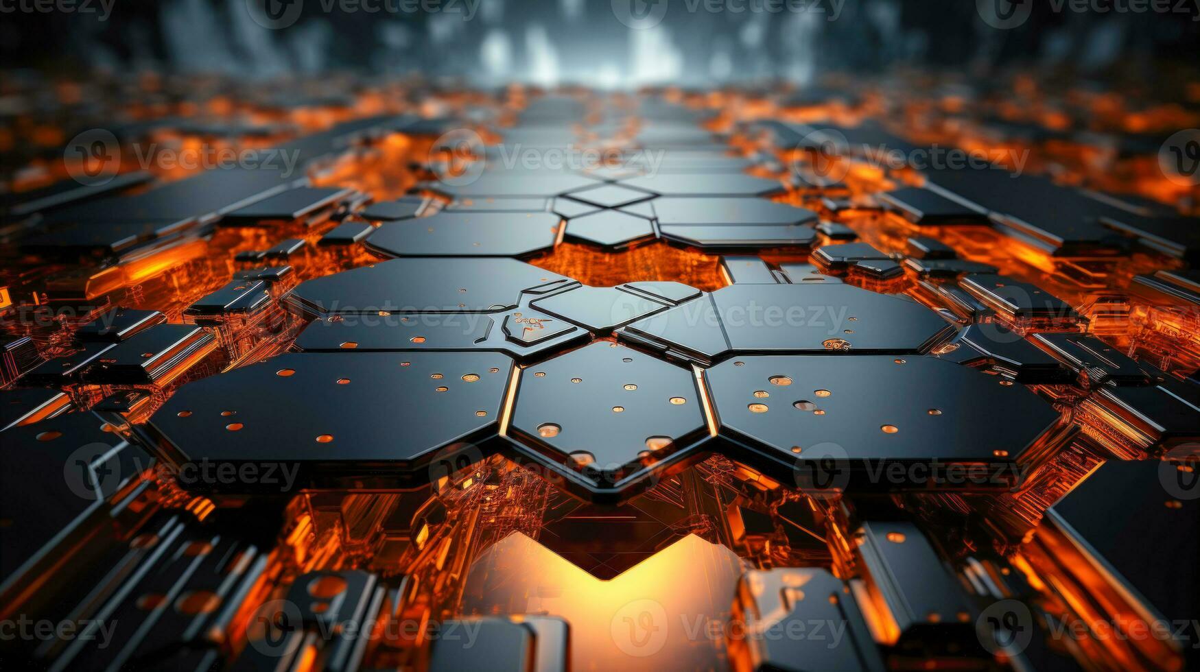 Futuristic Metallic Surface With Orange Glowing Hexagonal Tiles With Orange Light Ai Generated