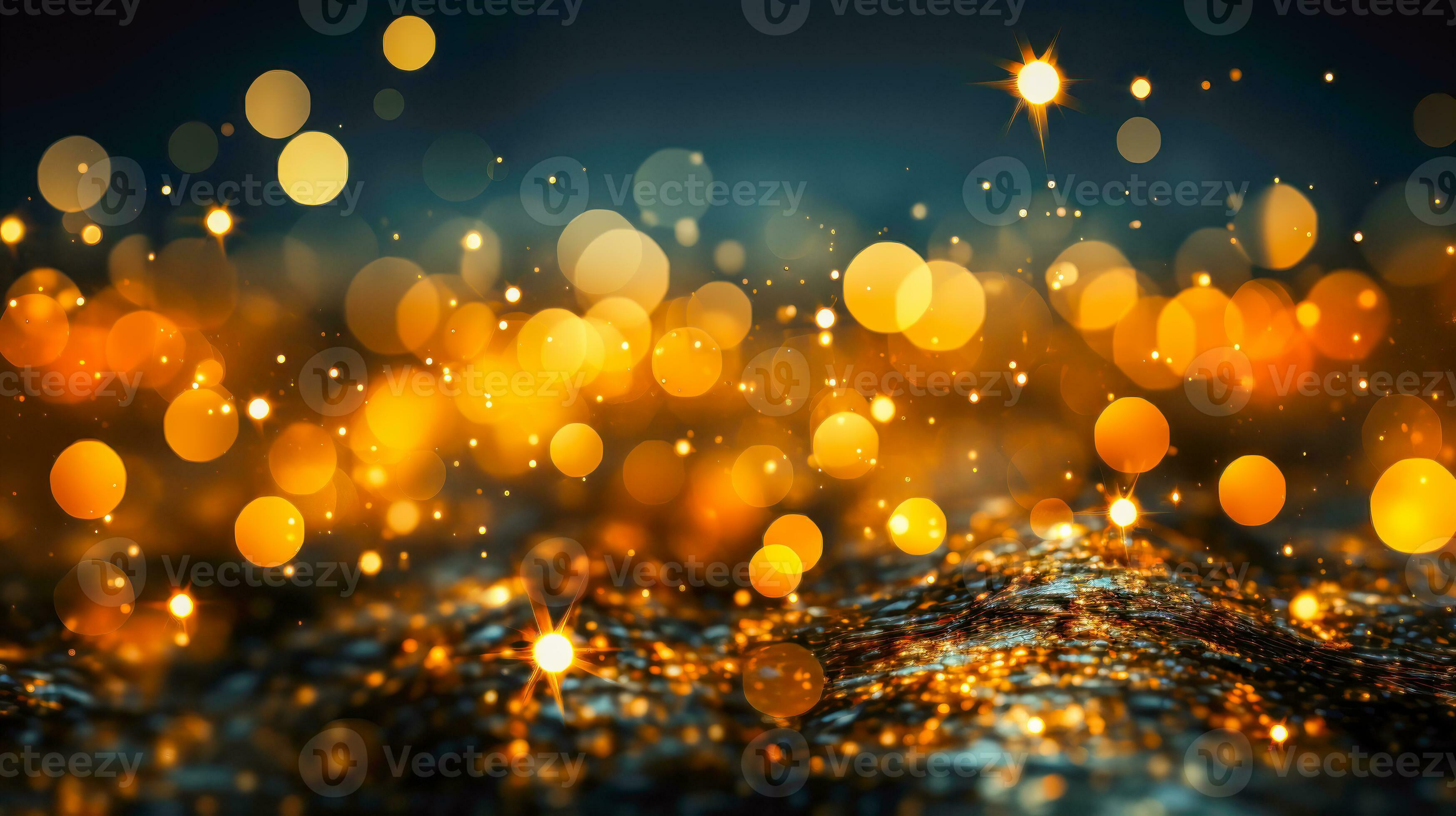 Golden Bokeh Lights on Dark Blue Background with Sparkles and Stars Bokeh Effect with Glitter ...