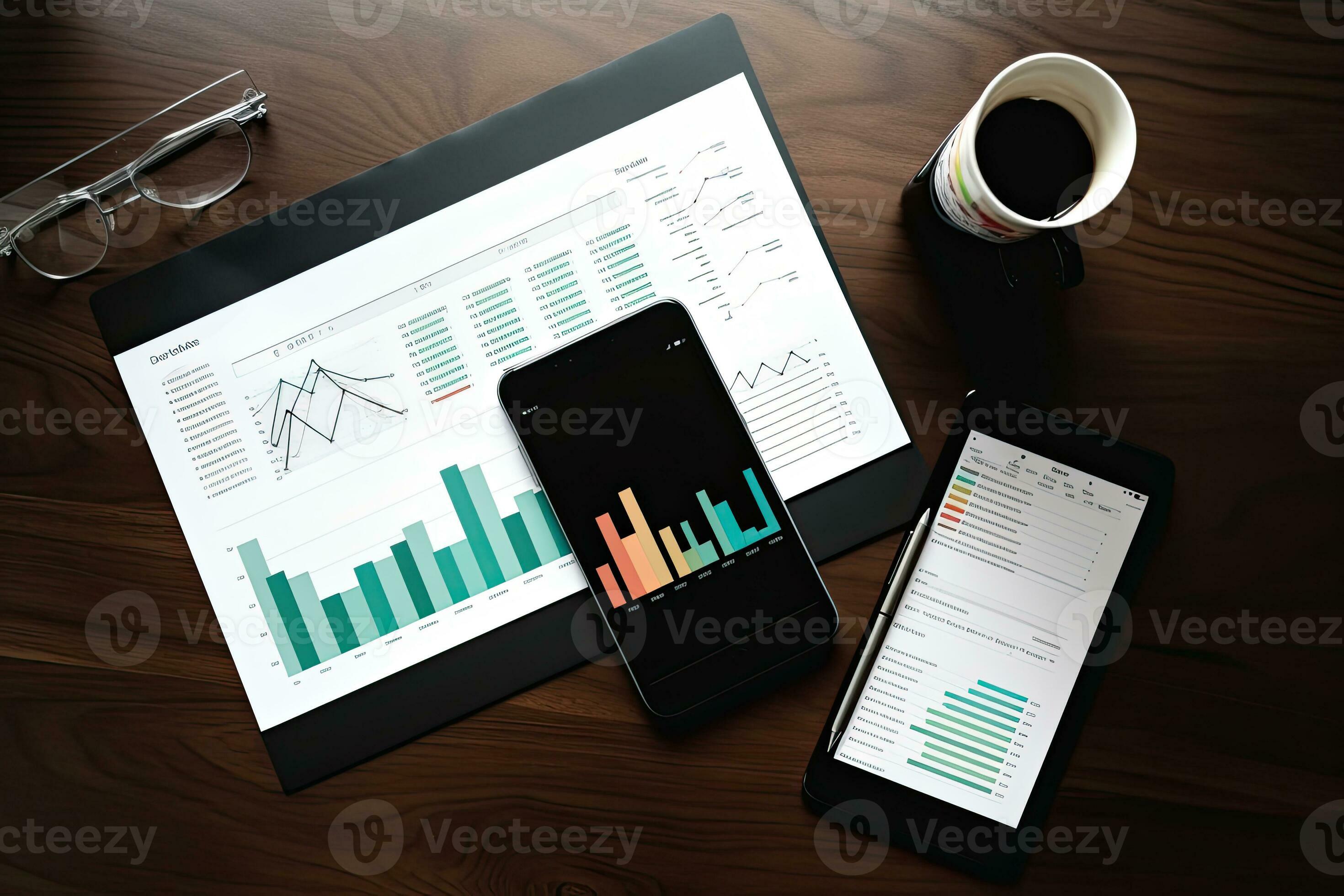 Smartphone and Tablet pc with financial charts and graphs on office ...