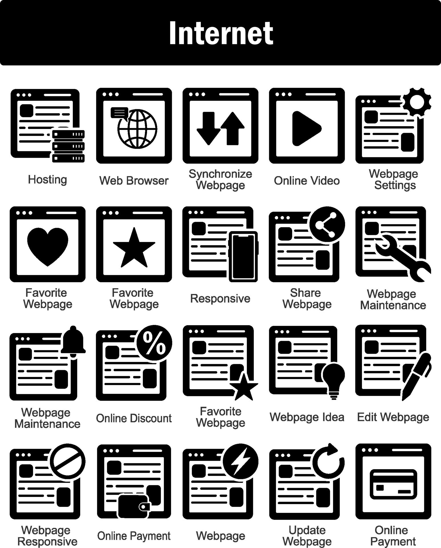 A set of 20 Internet icons as hosting, web browser, synchronize webpage ...