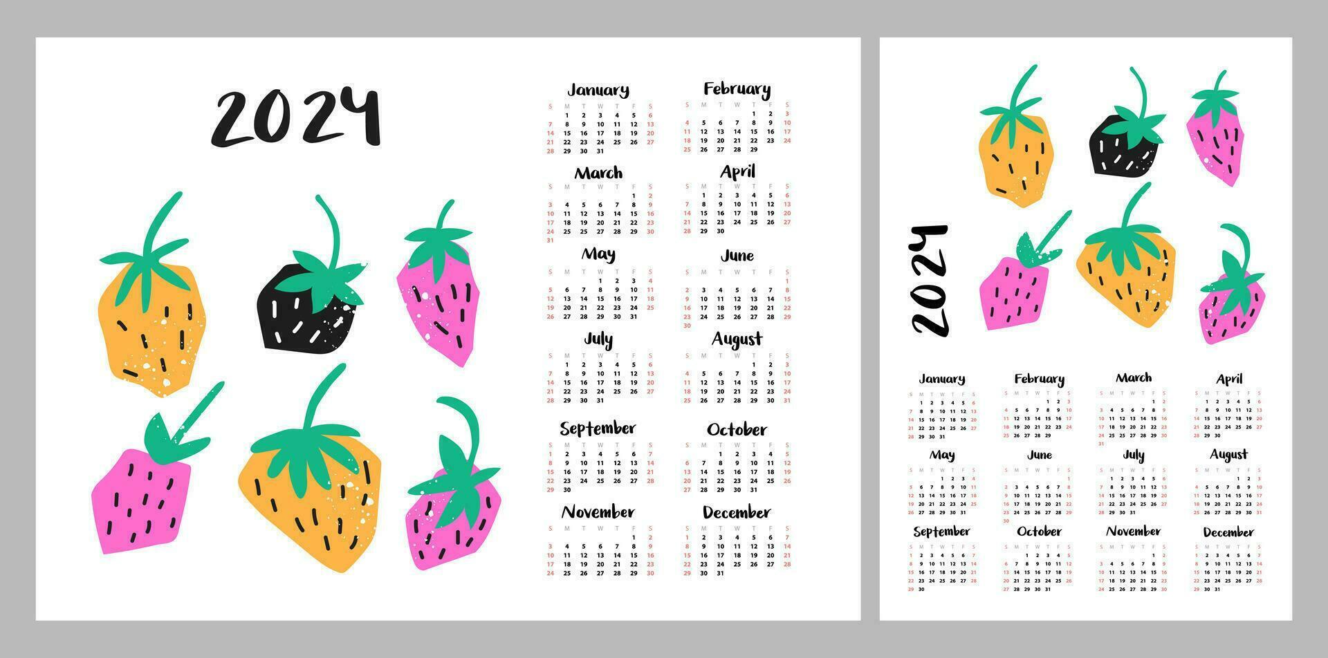 Calendar layout for 2024. Abstract illustration of strawberries ...