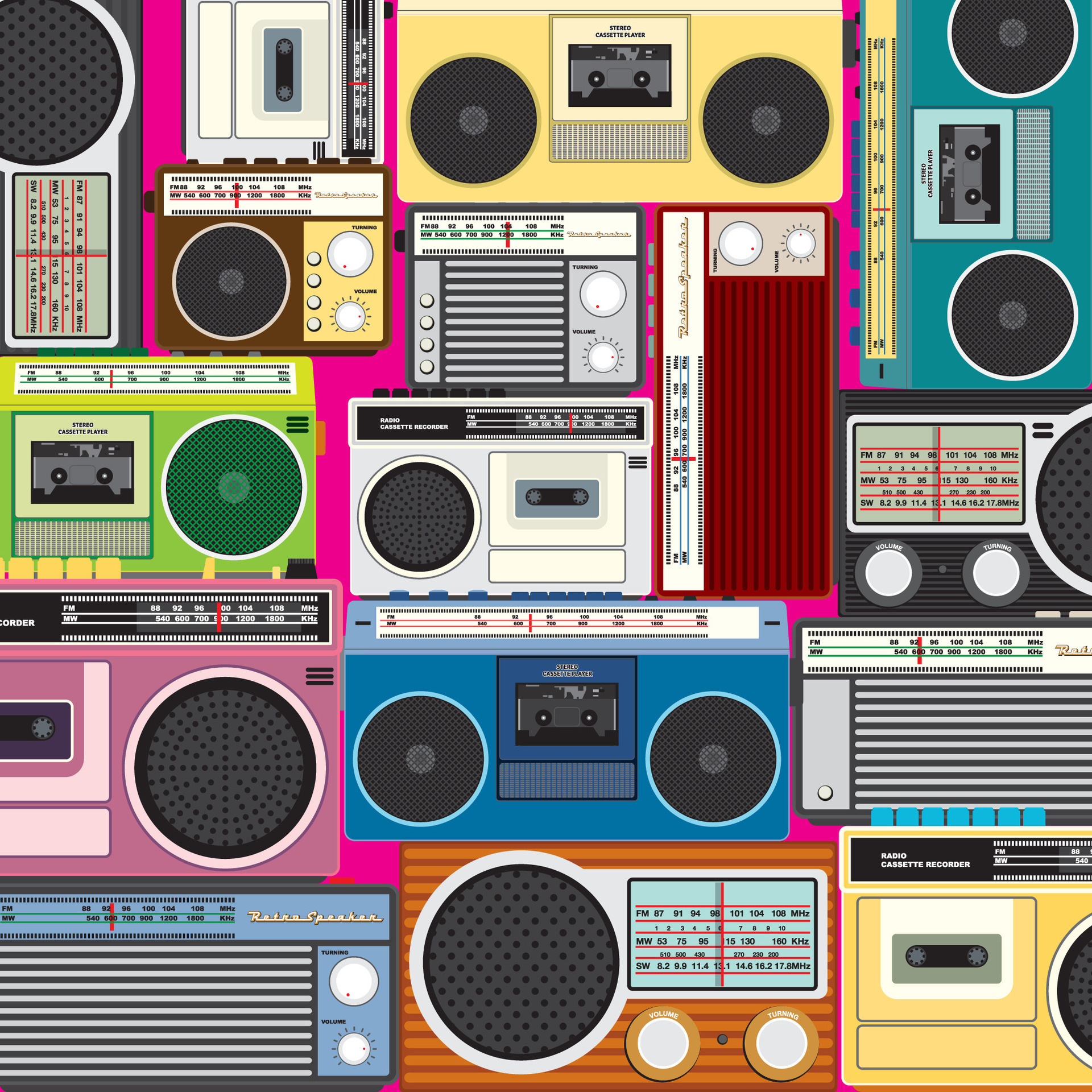 Colorful Retro Cassette Player And Radio Flat Design Vector