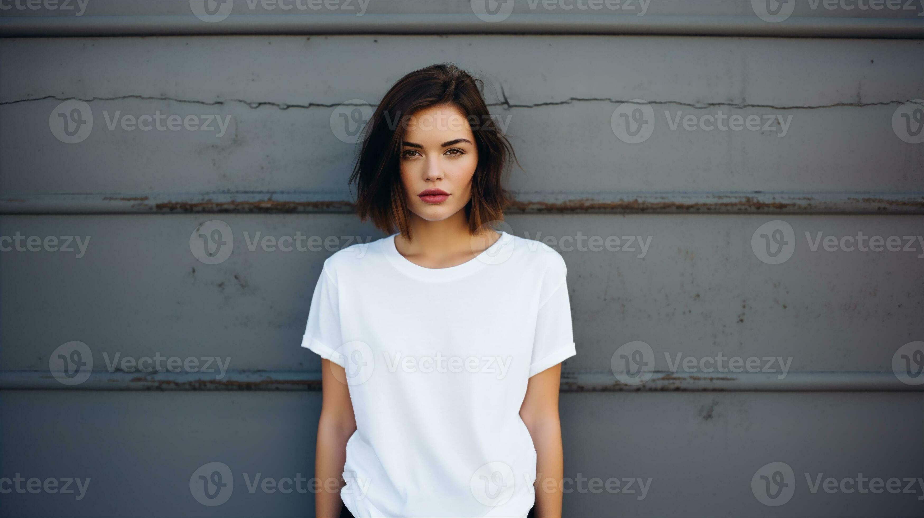 Generative AI, Realistic white T-Shirt mock up blank put on young pretty woman, copy space for ...