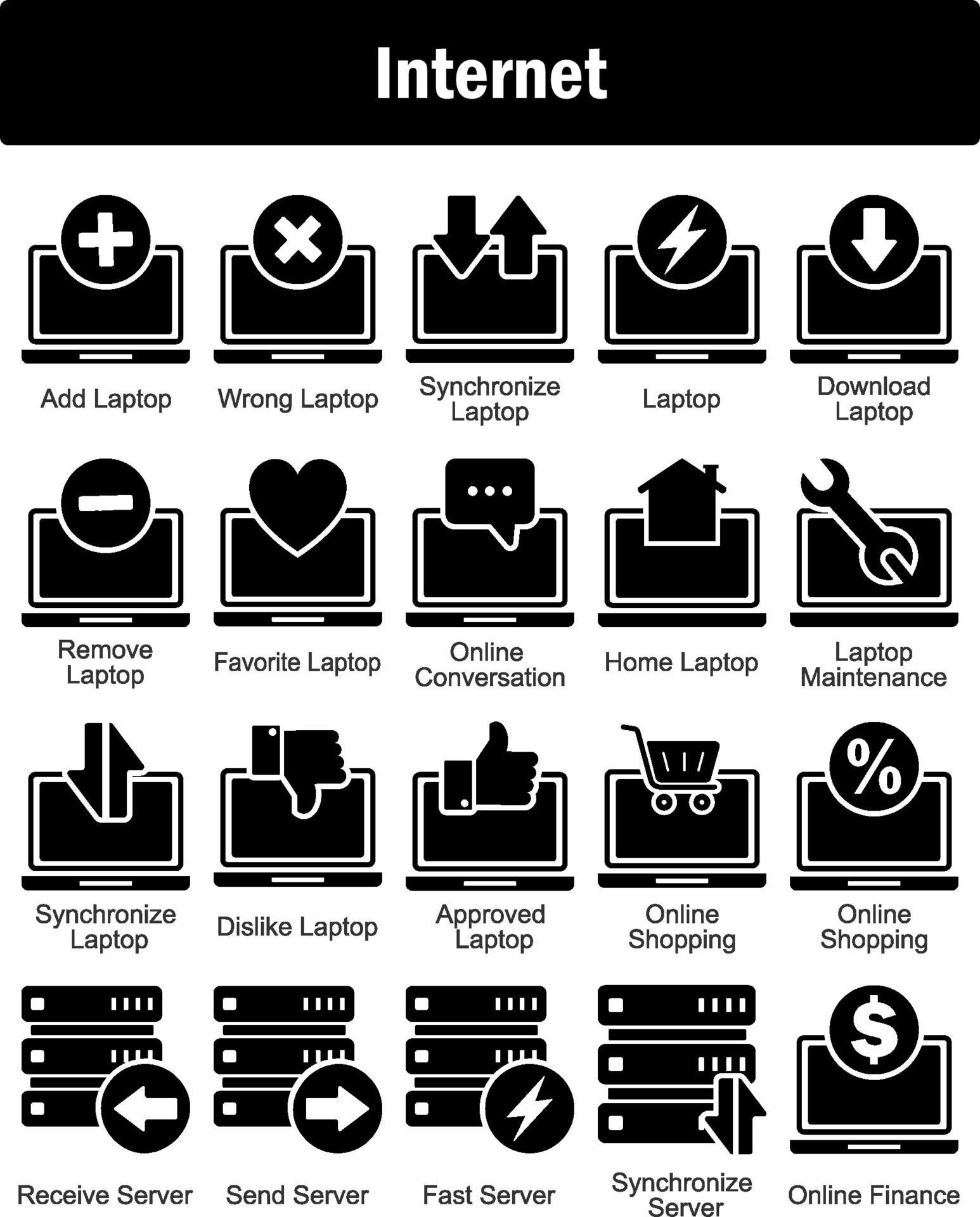 A set of 20 Internet icons as add laptop, wrong laptop, synchronize ... A set of 20 Internet icons as add laptop, wrong laptop, synchronize ...