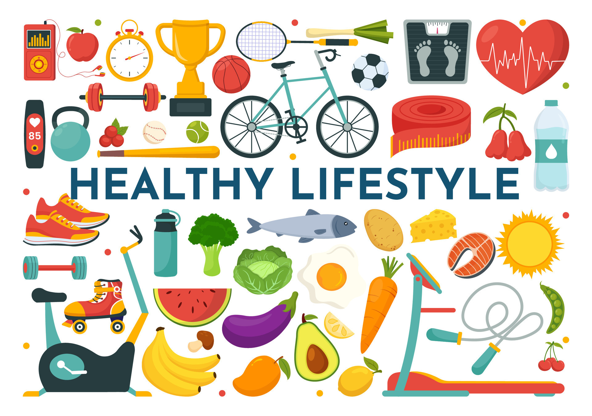 Healthy Lifestyle Vector Illustration with Organic Vegetables or Fruit, Sport and Workout in ...