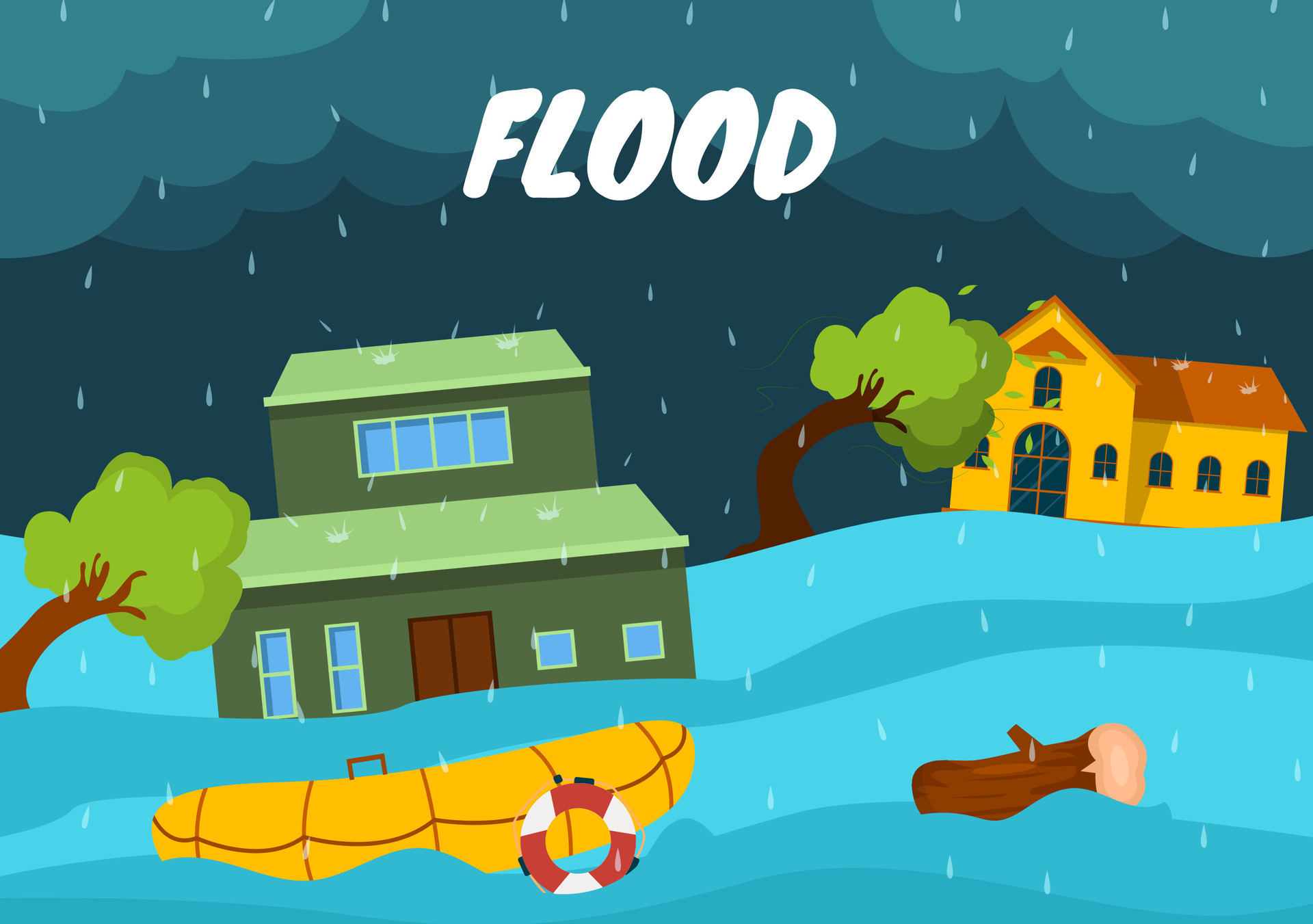 Floods Vector Illustration of The Storm Wreaked Havoc and Flooded the City with Houses and Cars ...