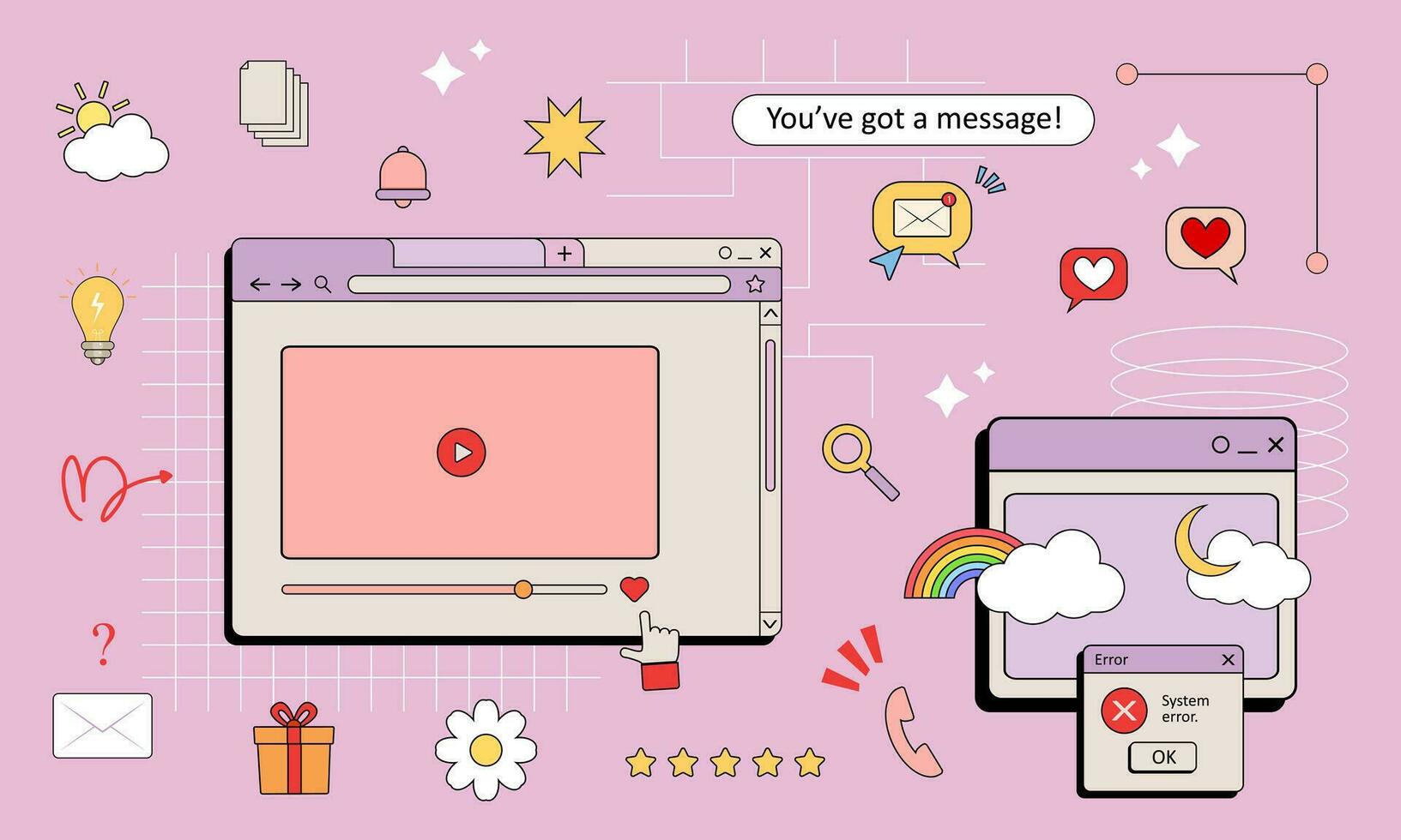 90s retro vaporwave aesthetics digital screen ui. Cute old computer ui ...