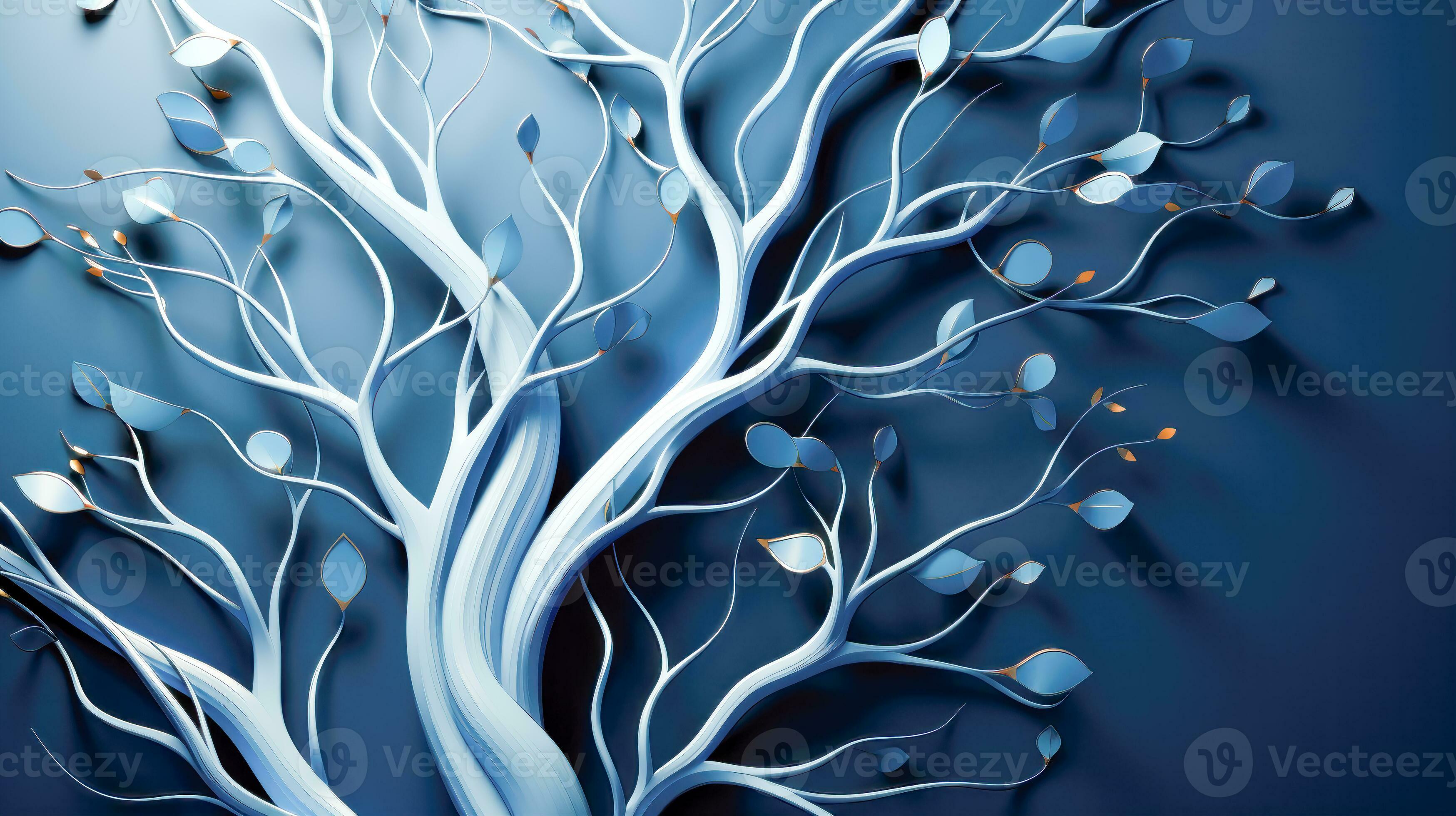 Tree with White Branches and Blue Leaves Background Artistic and Abstract Nature Design for ...