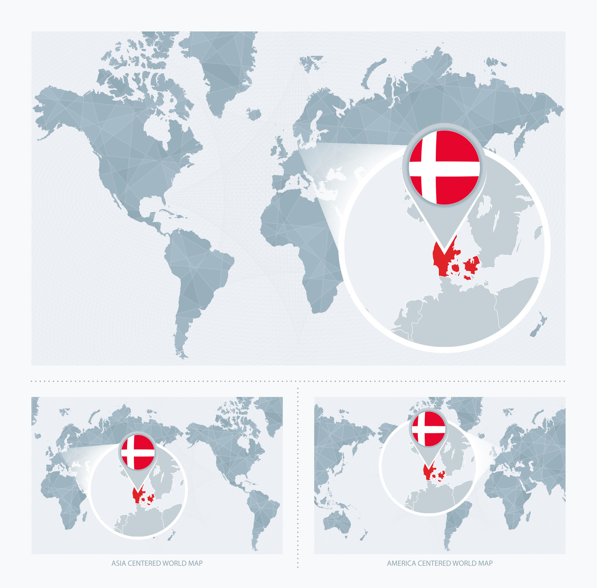 Magnified Denmark over Map of the World, 3 versions of the World Map ...
