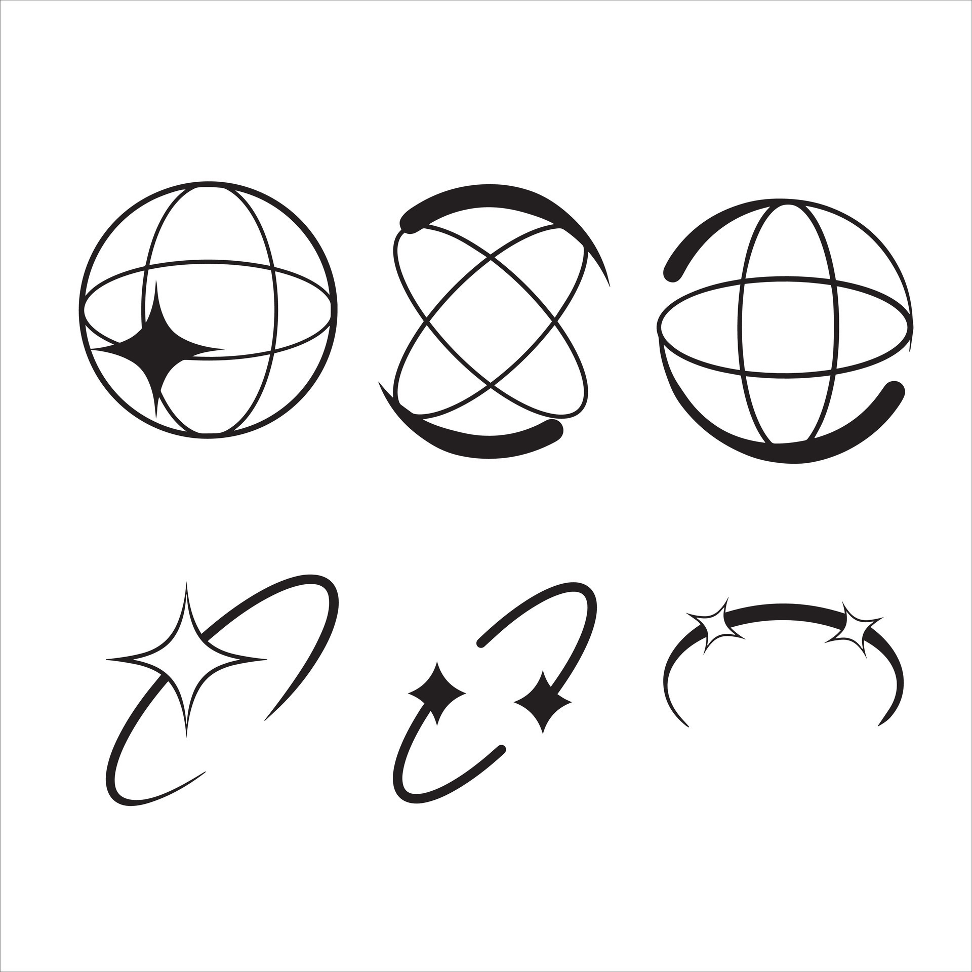 Y2K stars, starburst and retro futuristic graphic set. Collection of Trendy brutal rounded ring ...