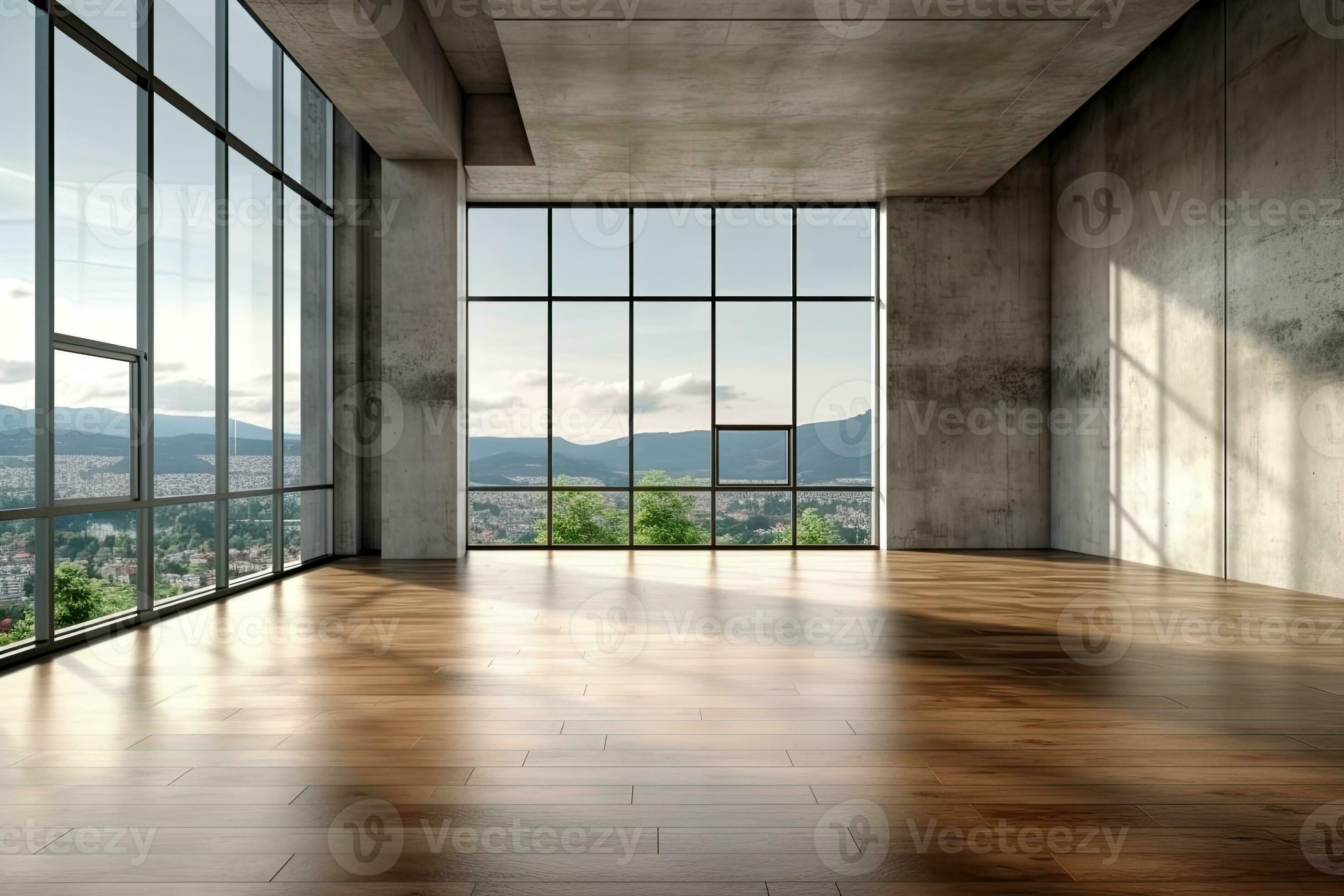 Empty room with panoramic window and mountain view. Generative AI ...