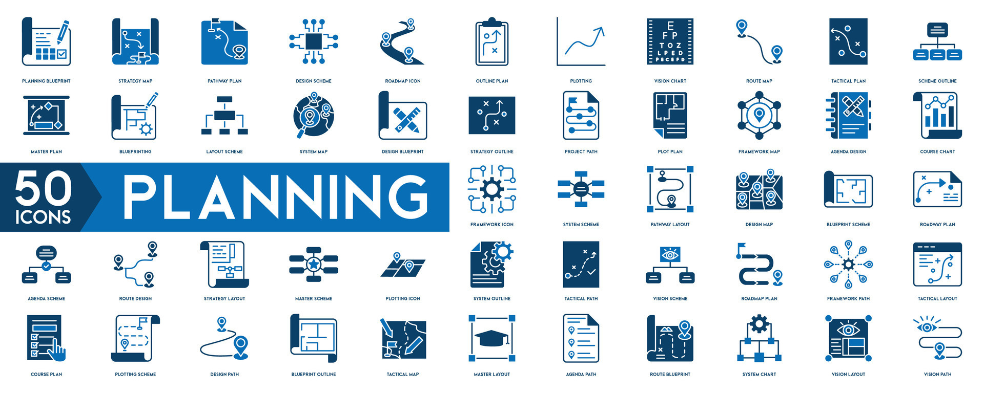 Planning icons set. Planning Blueprint, Strategy Map, Pathway Plan ...