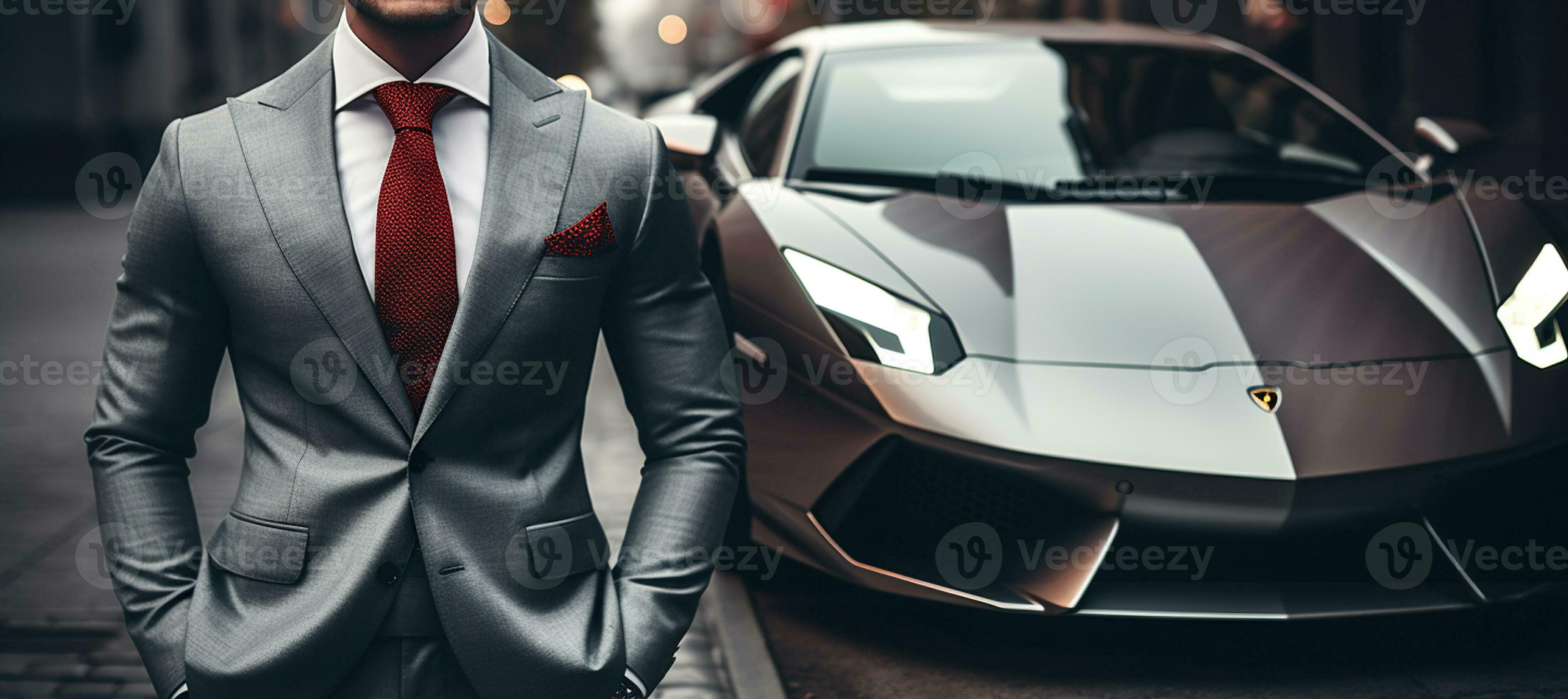 A rich guy in formal business suit which is standing in front of a supercar, successful ...