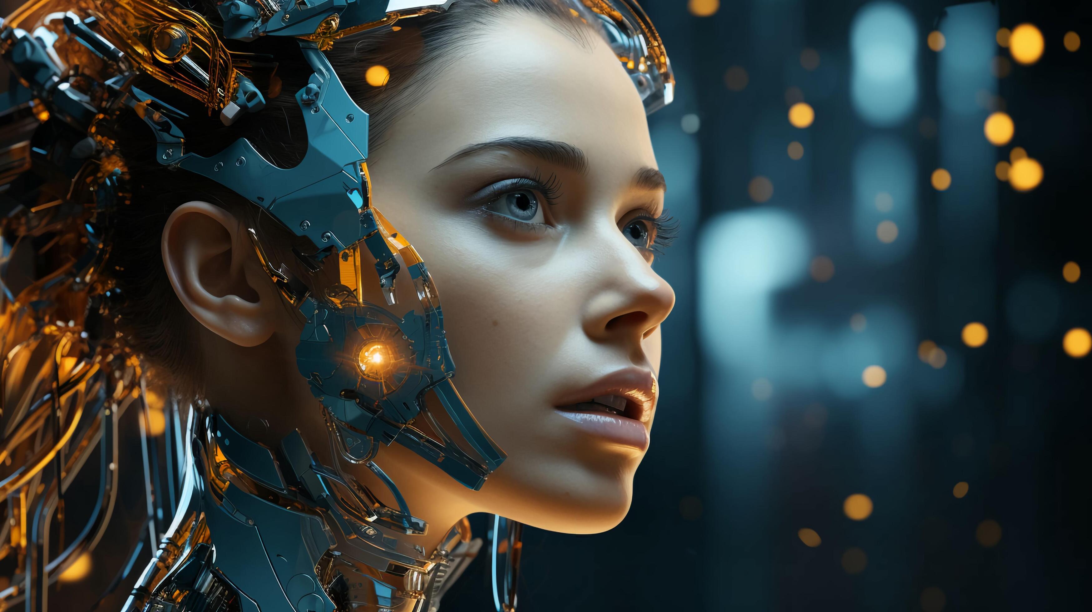 Connection of human woman and artificial intelligence robot. The concept of merging a person and ...