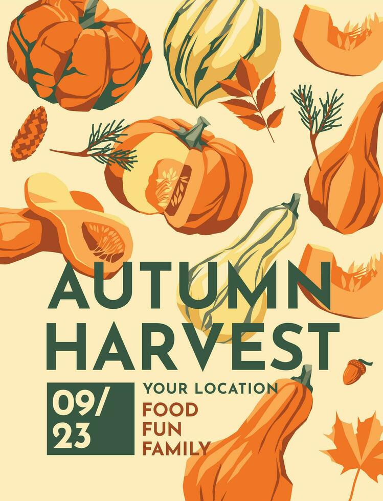 poster with harvest of autumn pumpkin. Halloween, thanksgiving, farm ...