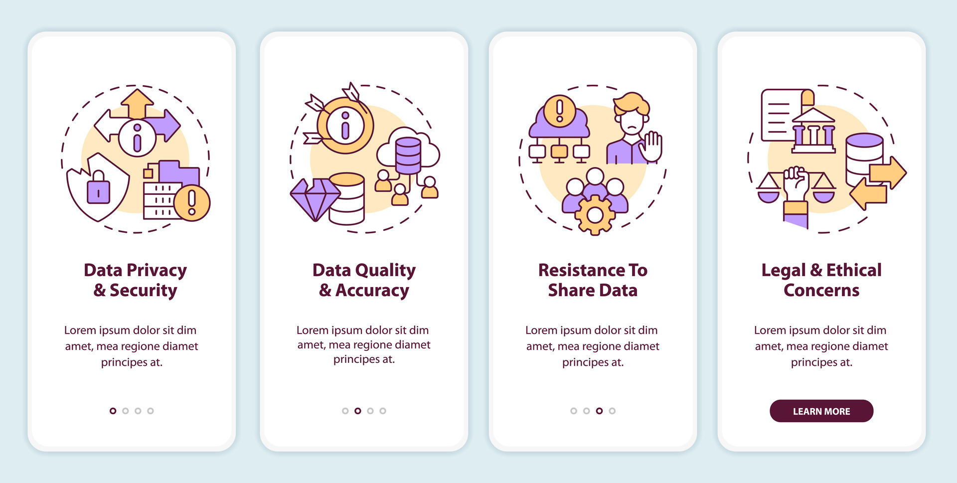 2d Icons Representing Data Democratization Mobile App Screen Set 4 Steps Graphic Instructions
