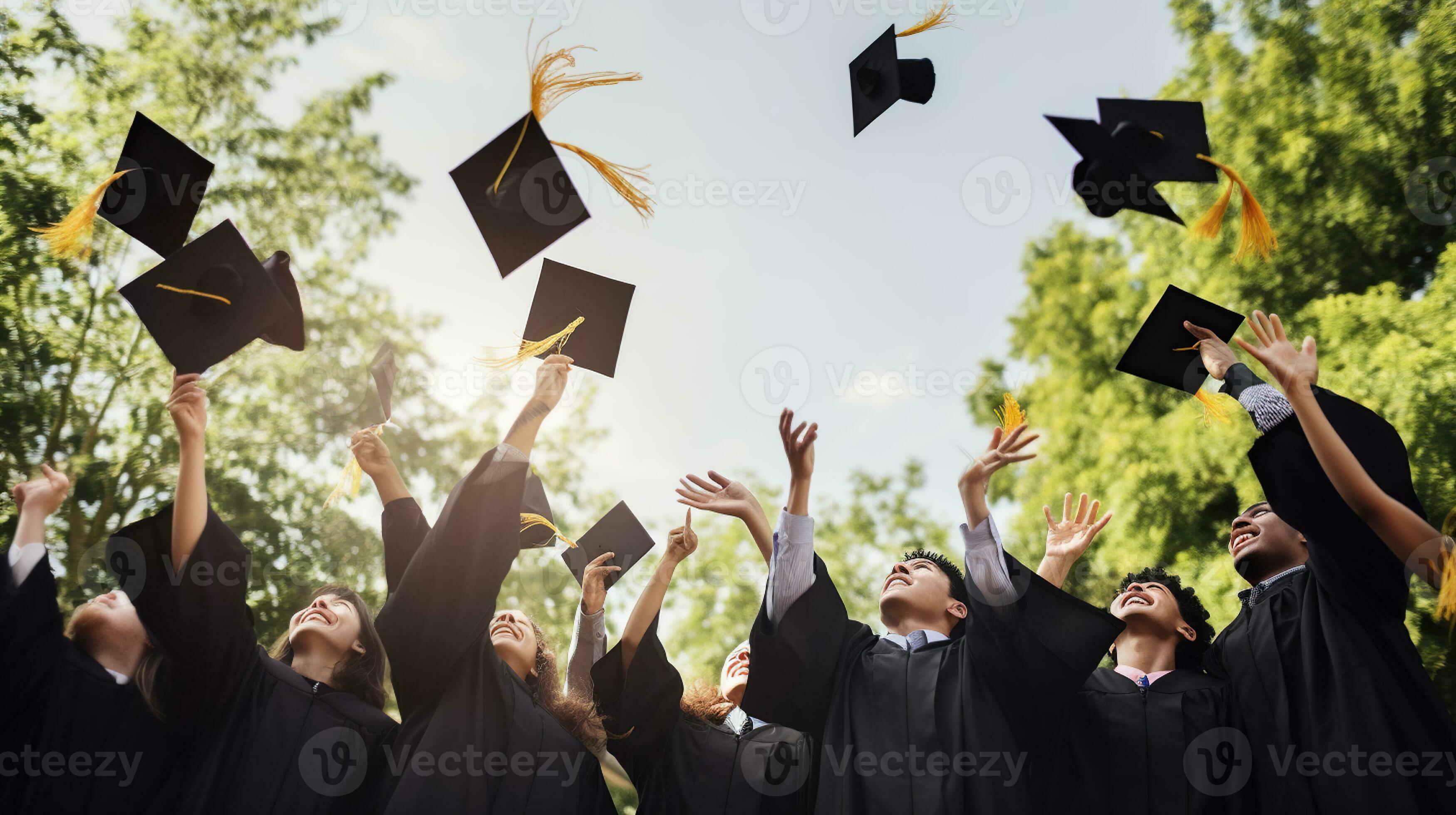 A group of graduates throwing graduation caps in the air. Generative AI ...