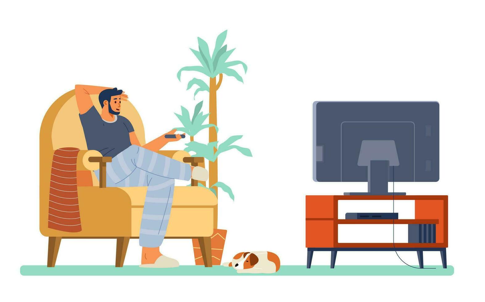 Man watching TV alone sitting in an armchair at home flat vector illustration. 28265578 Vector ...
