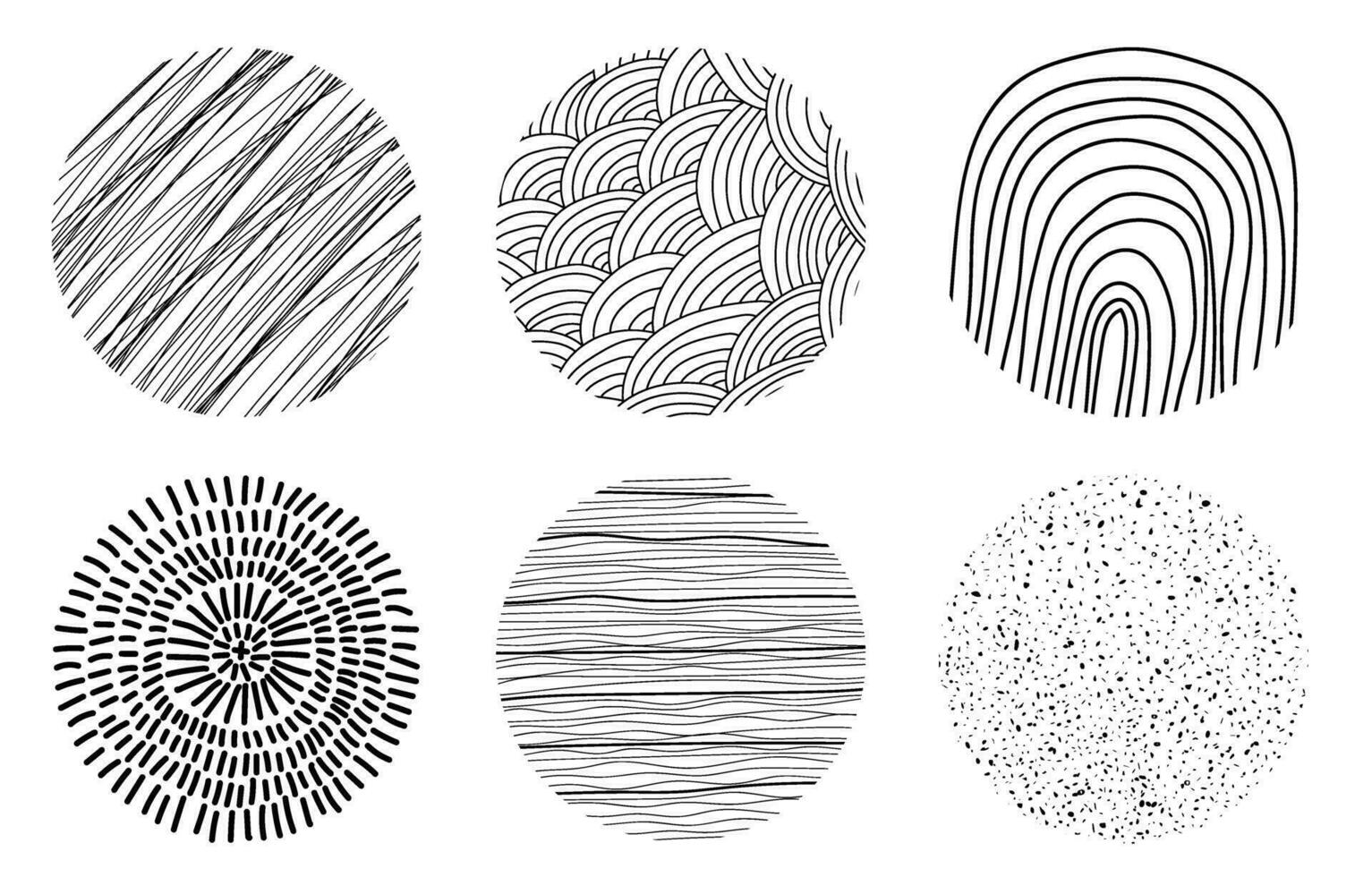 Set of abstract textured circles. Hand drawn doodle shapes. Spots, drops, curves, Lines ...