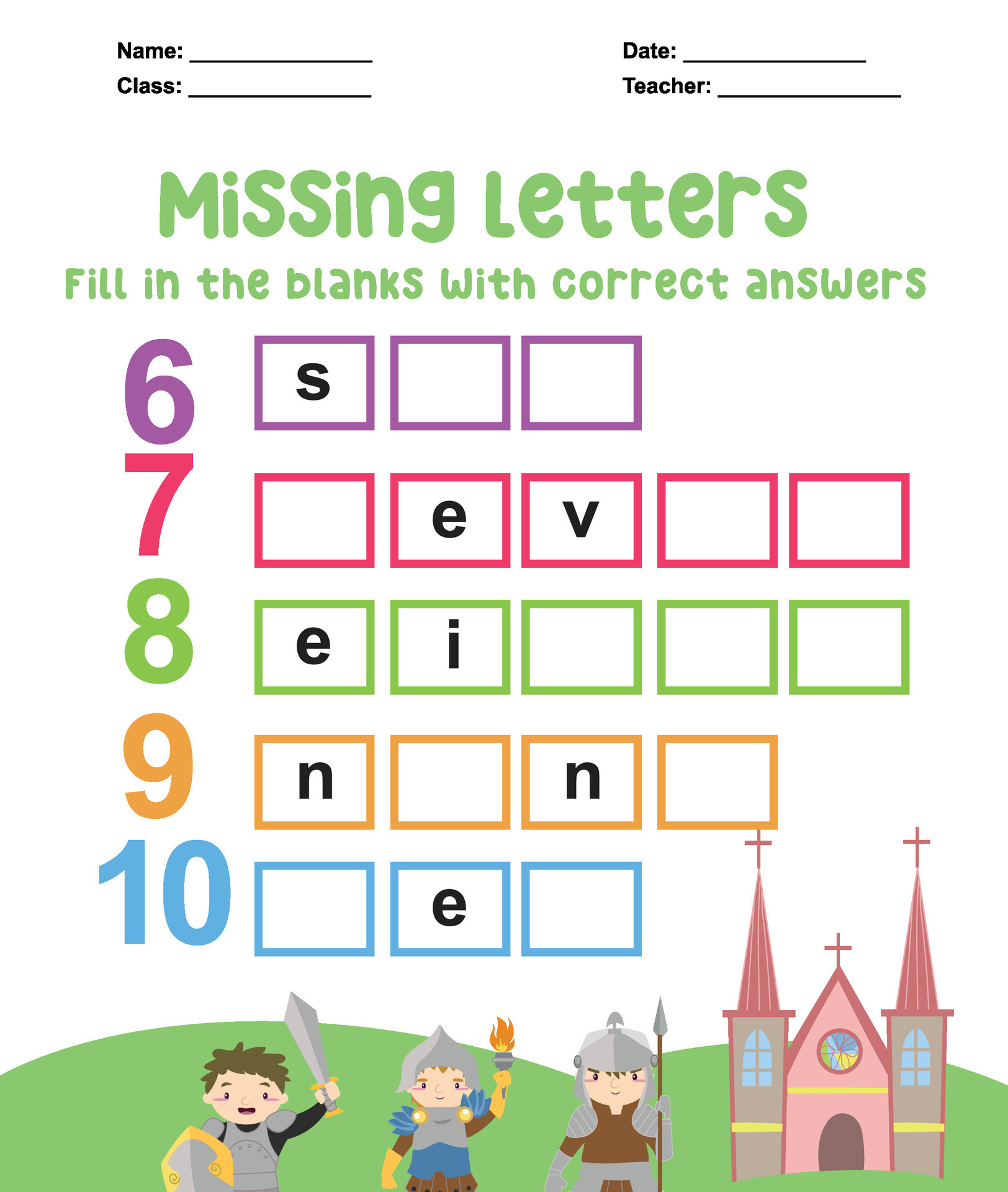 Missing letters worksheet. Complete the letters for number in English ...
