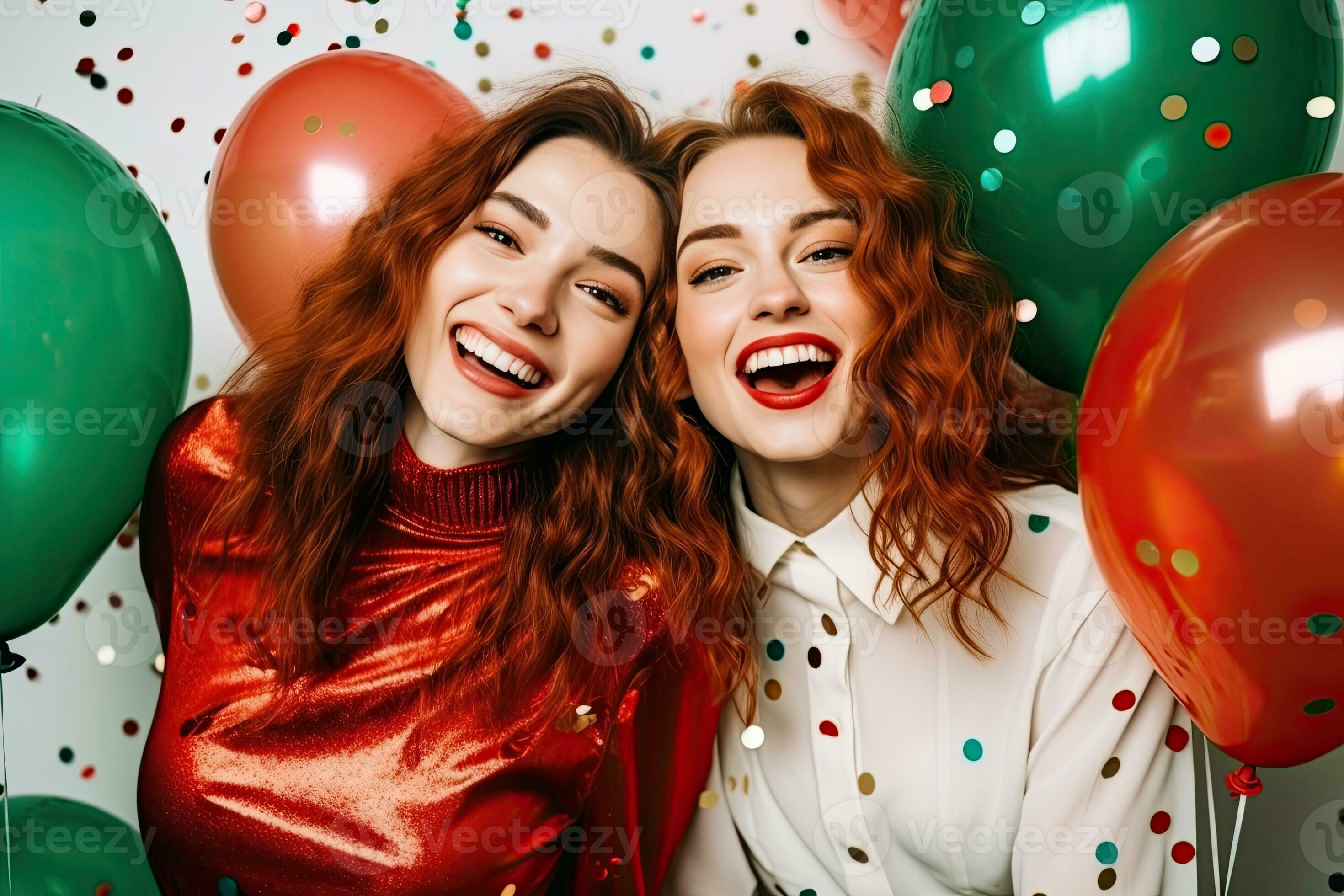 Two Redhead Women Friends At A Party With Balloons And Confetti Ai