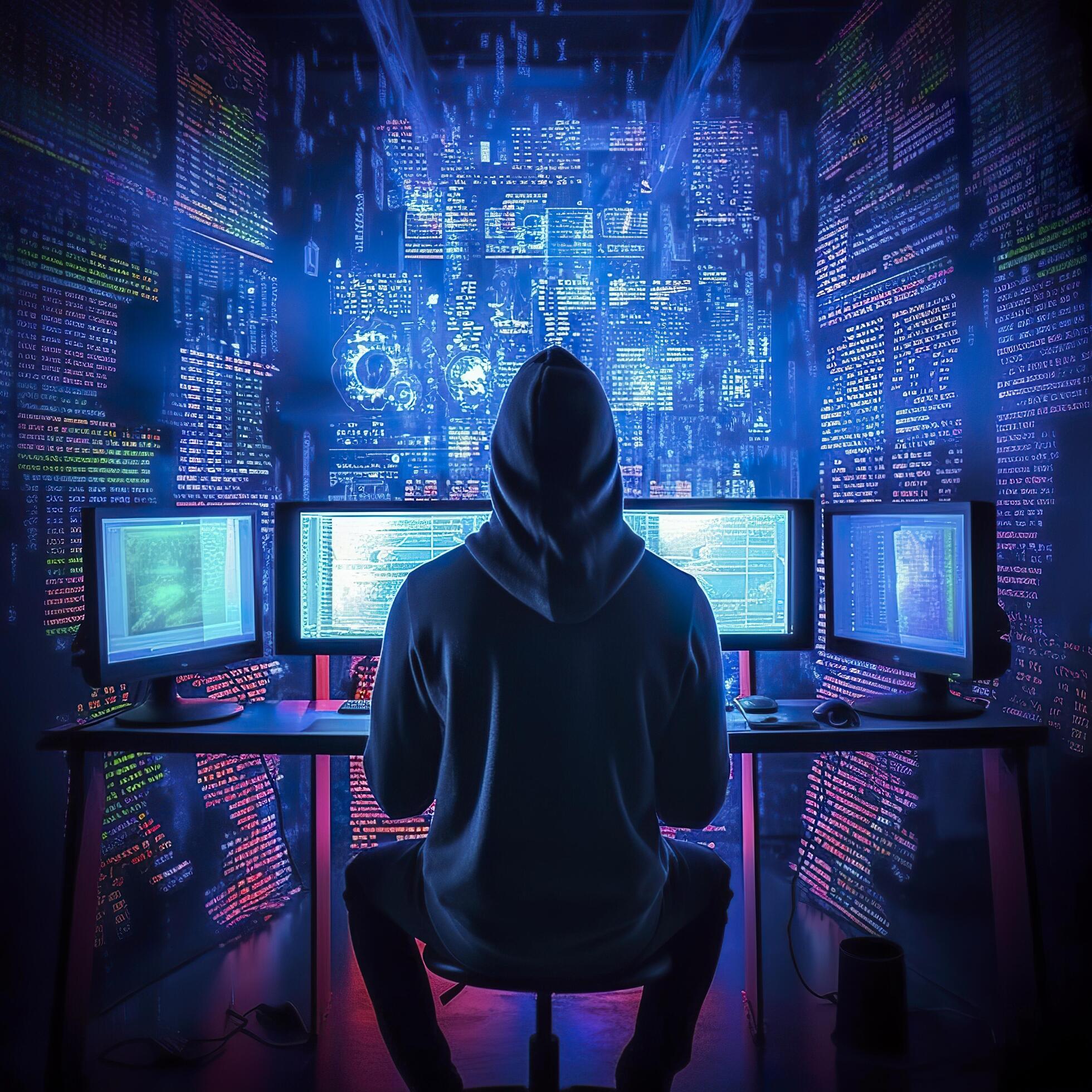 Back of anonymous robot hacker. Concept of hacking cybersecurity, cybercrime, cyberattack, etc ...