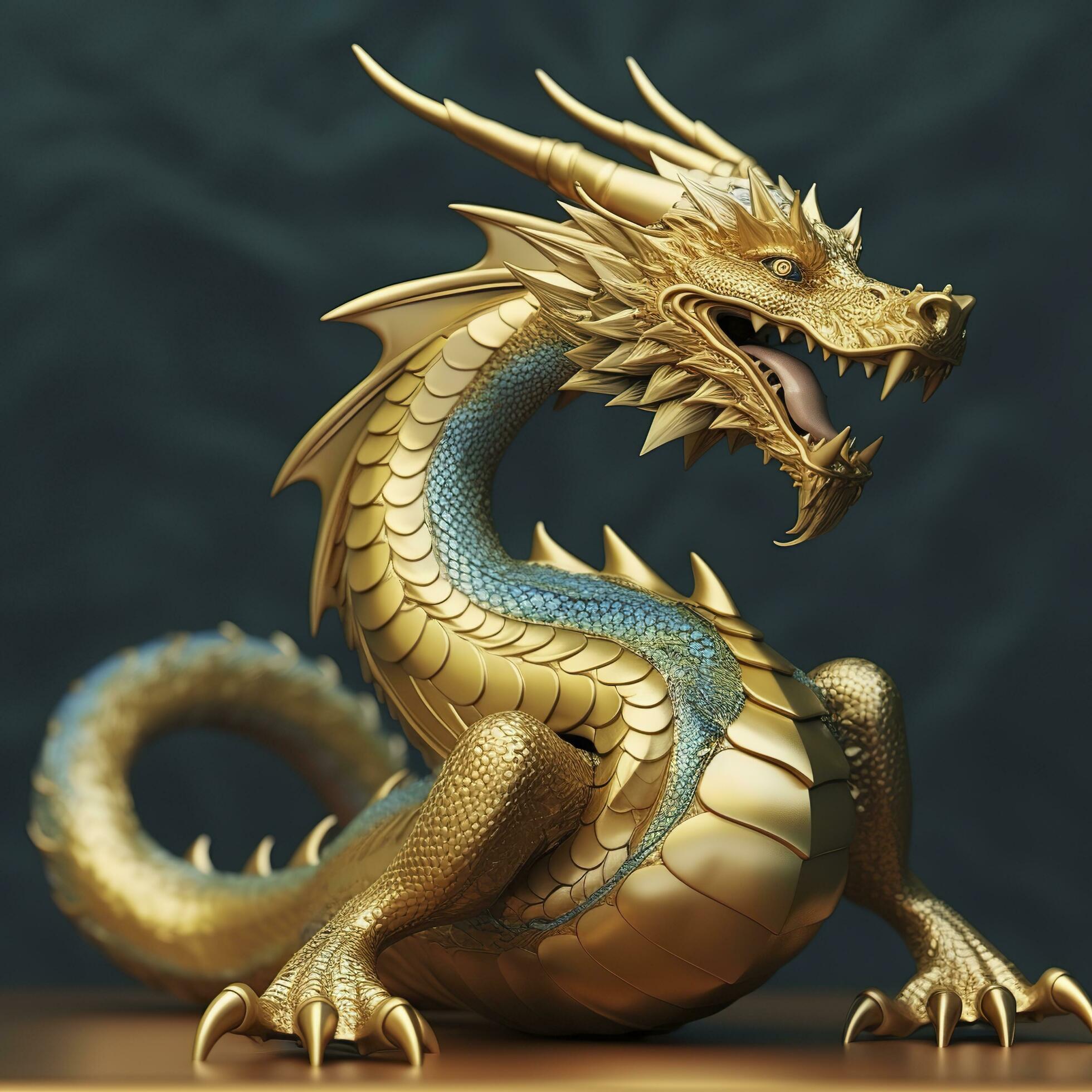 Golden Dragon Statue Chinese Dragon Made Of Gold Ai Generative