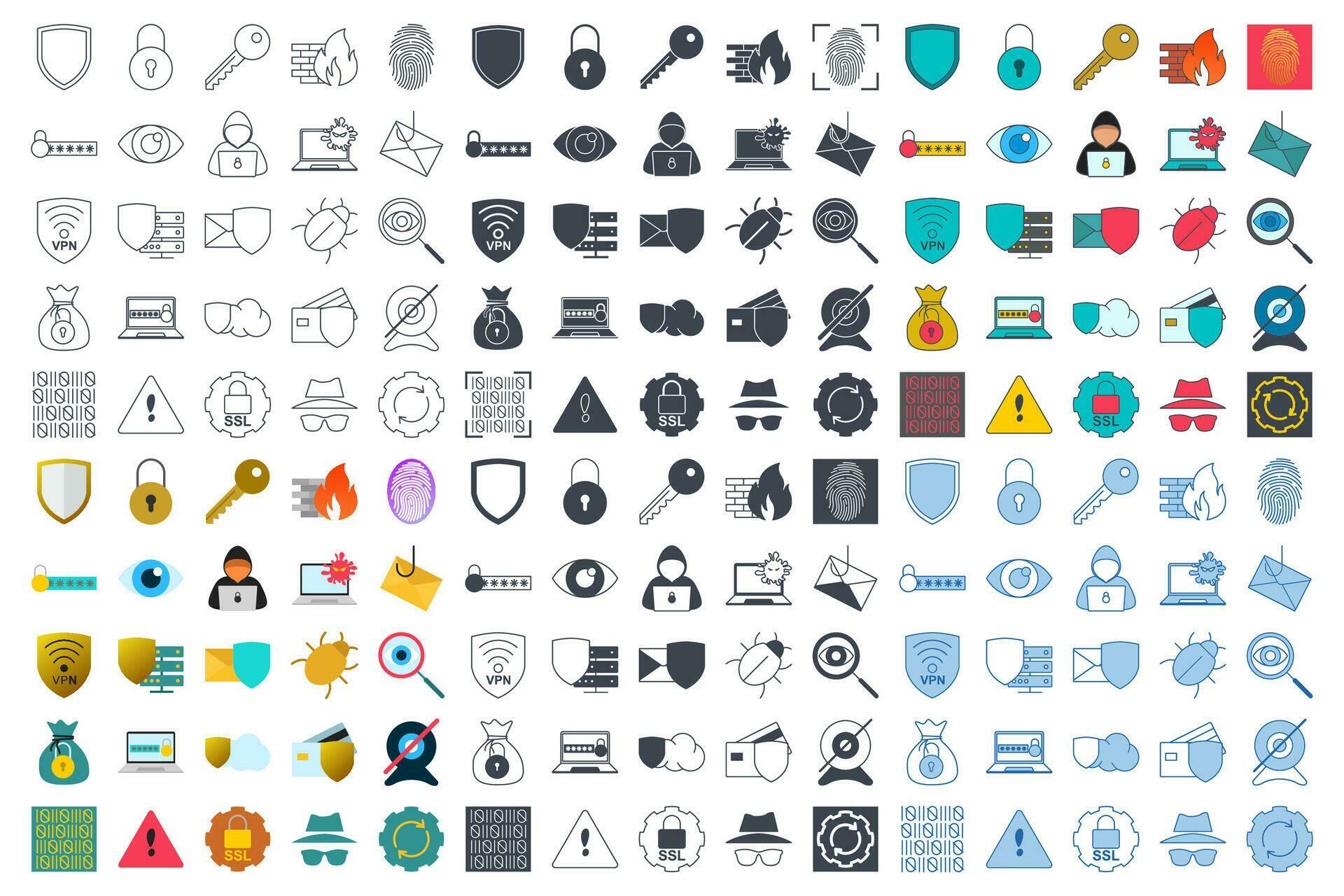mega set cyber security icon, Included icons as Shield, Password, Bug ...