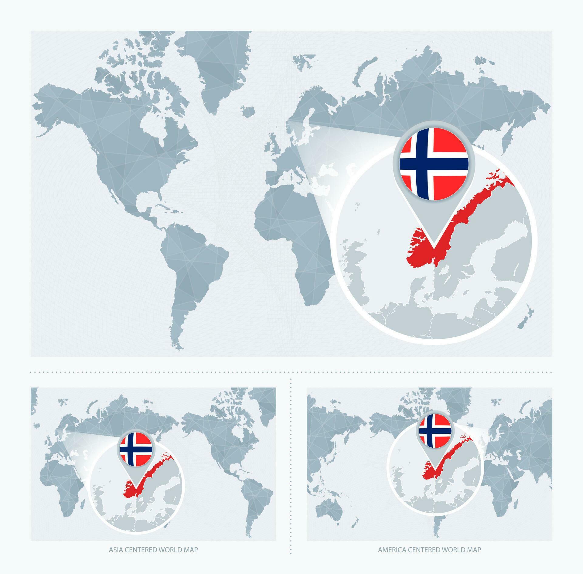 Magnified Norway over Map of the World, 3 versions of the World Map ...