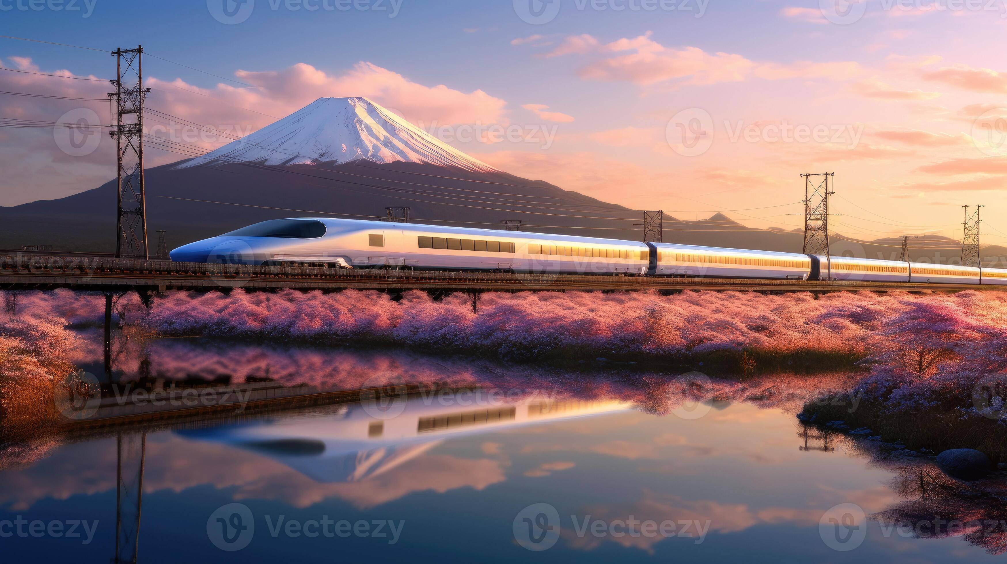 Shinkansen or Bullet train run pass through Mountain Fuji and Shibazakura at spring. Shinkansen ...