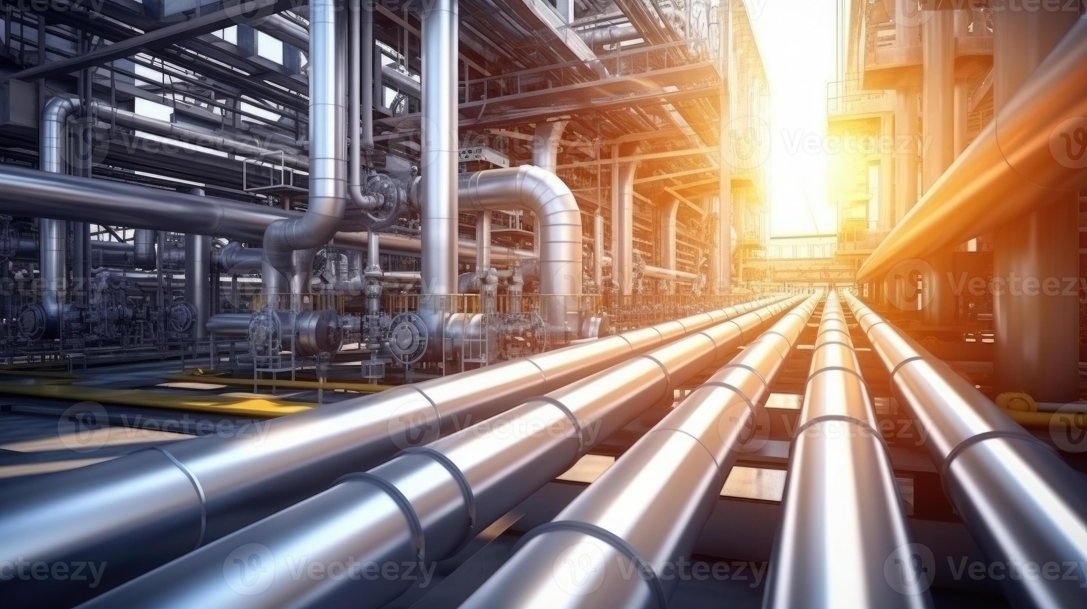 Background with shiny factory pipes.Industrial pipeline, oil and gas factory. Generative Ai ...