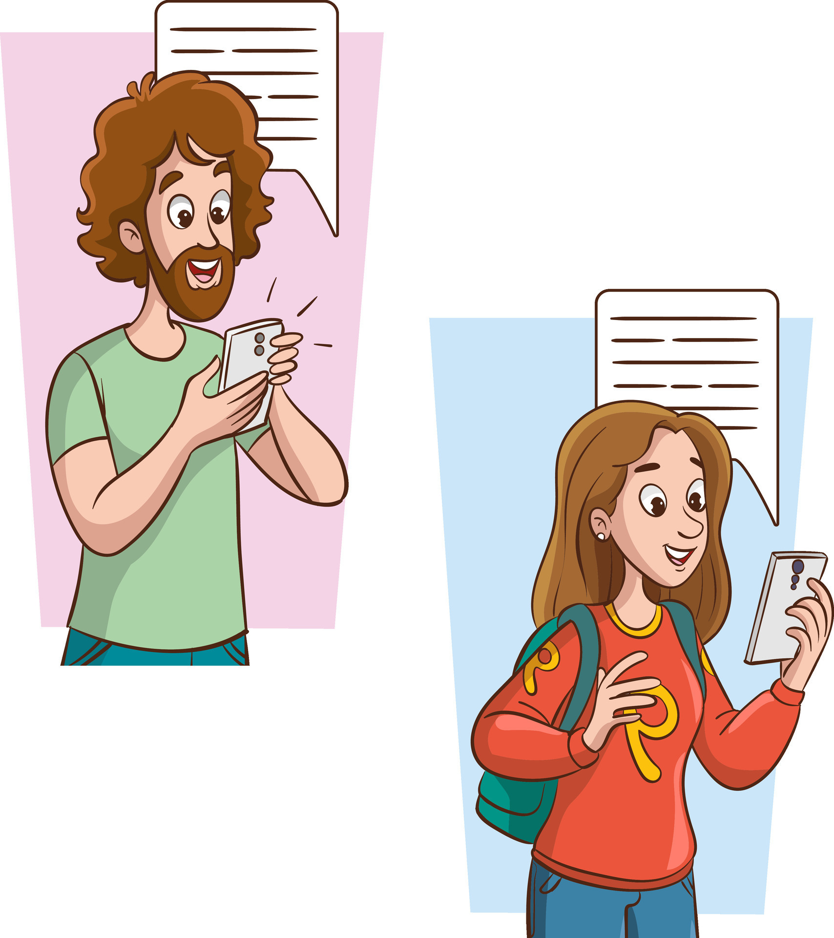 Young man and woman with smartphones texting. Vector illustration in ...