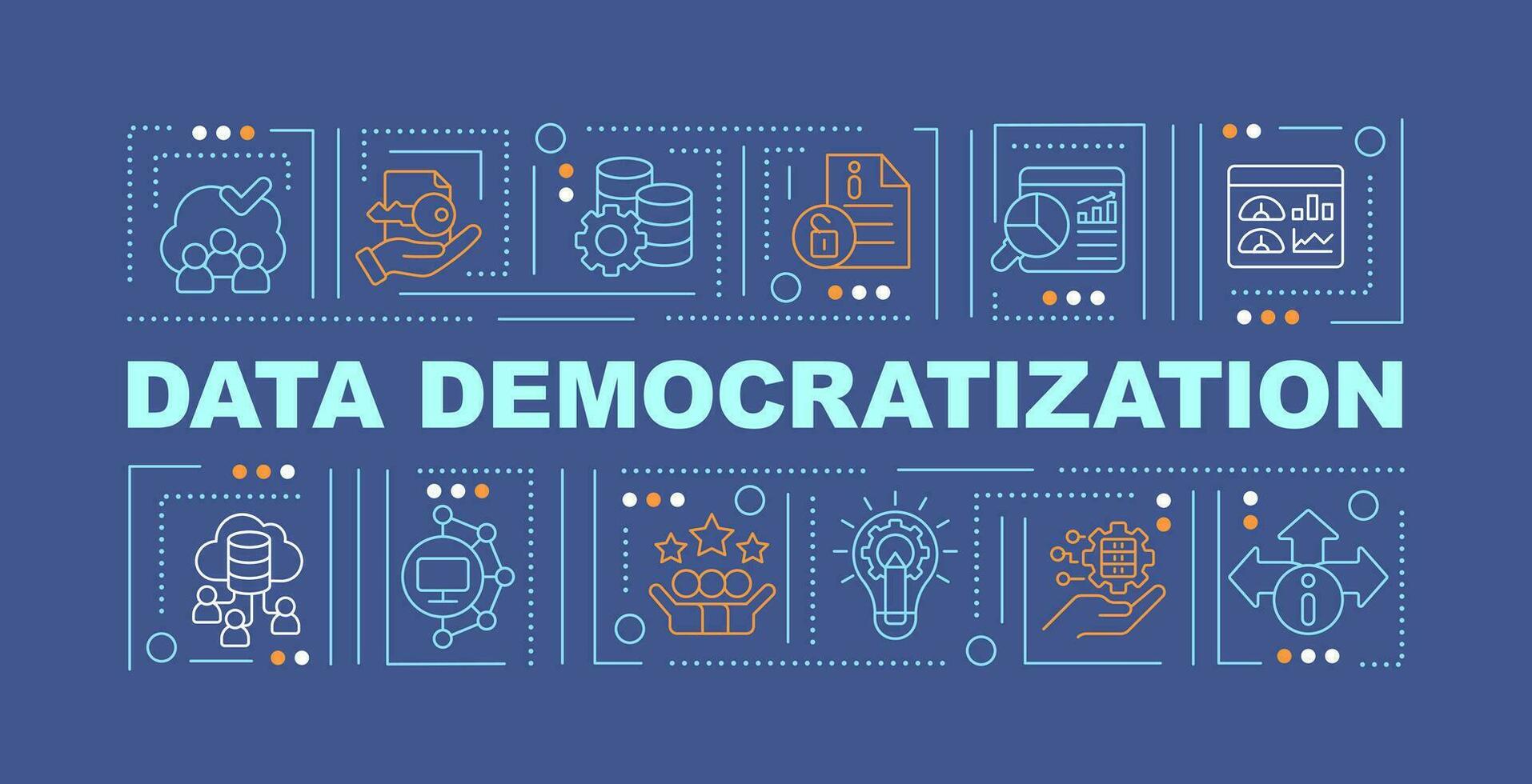 Data Democratization Text With Various Thin Line Icons On Dark