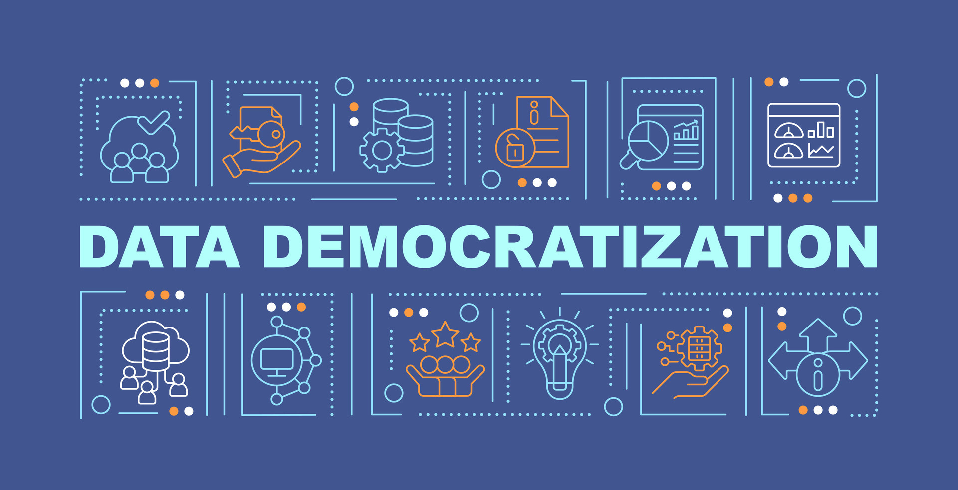 Data Democratization Text With Various Thin Line Icons On Dark Monochromatic Background 2d