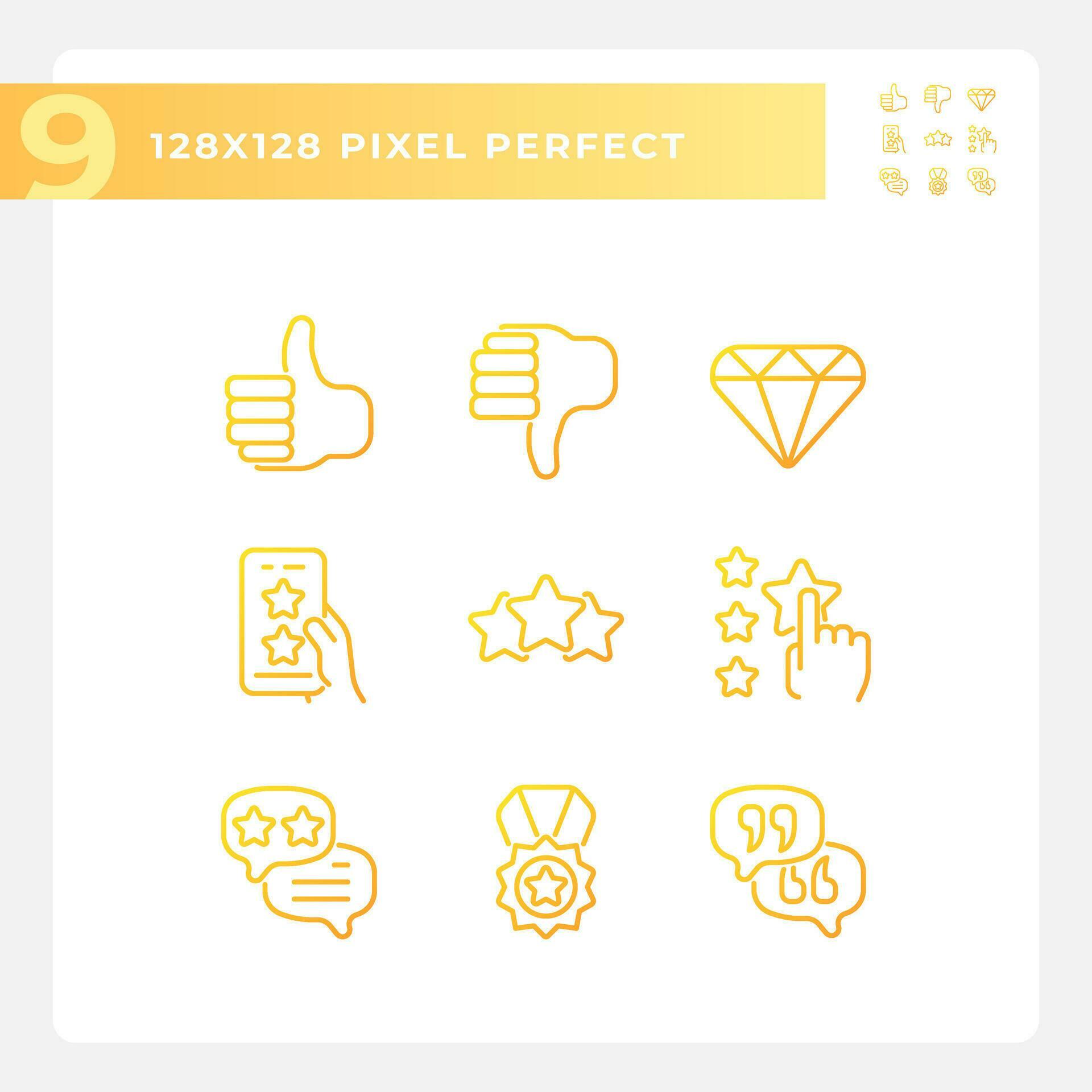 Customer rating pixel perfect gradient linear vector icons set. Client feedback about product ...