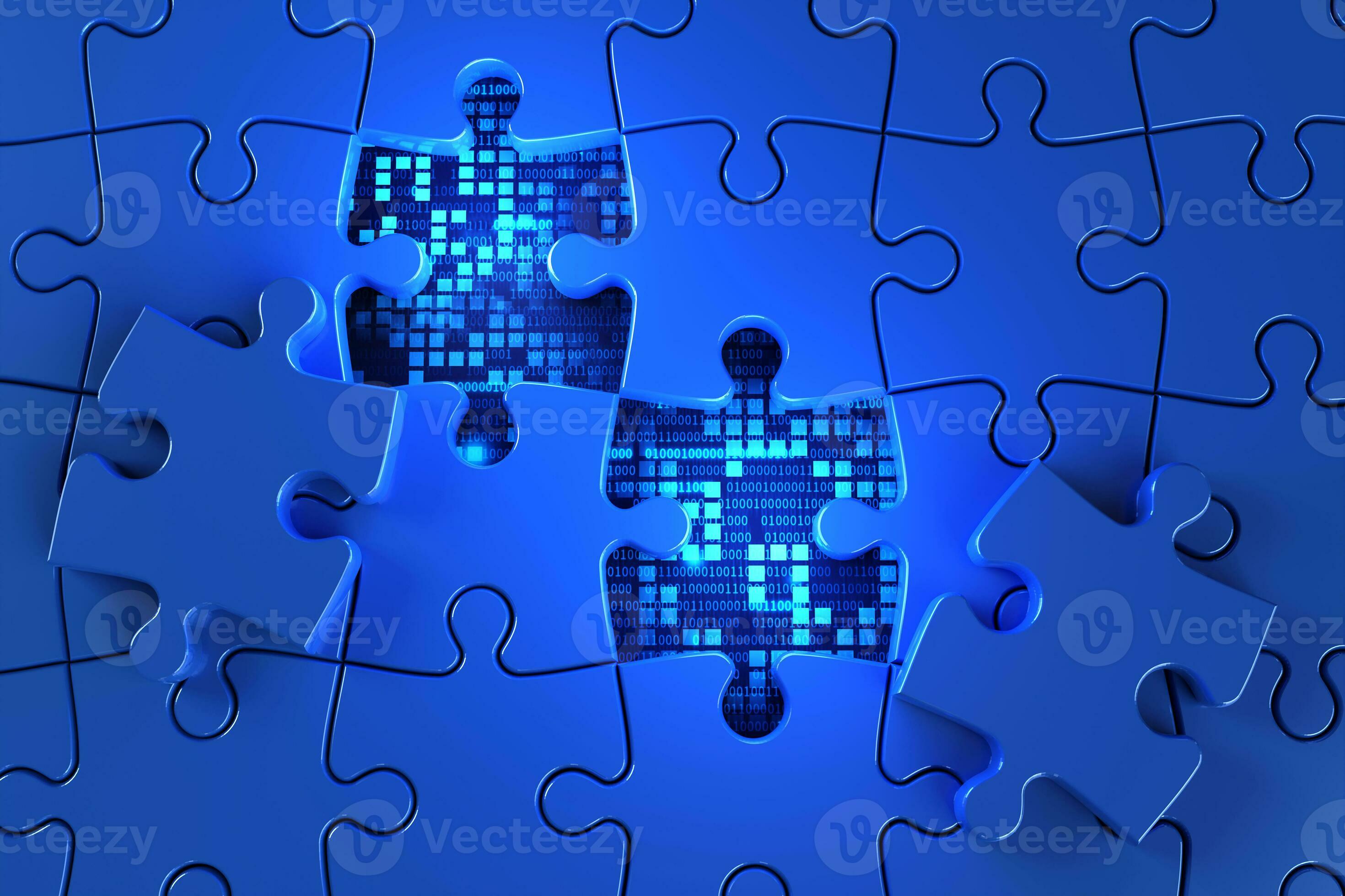 Blue jigsaw puzzle from the panel shows a background of tech code numbers. concept of technology ...