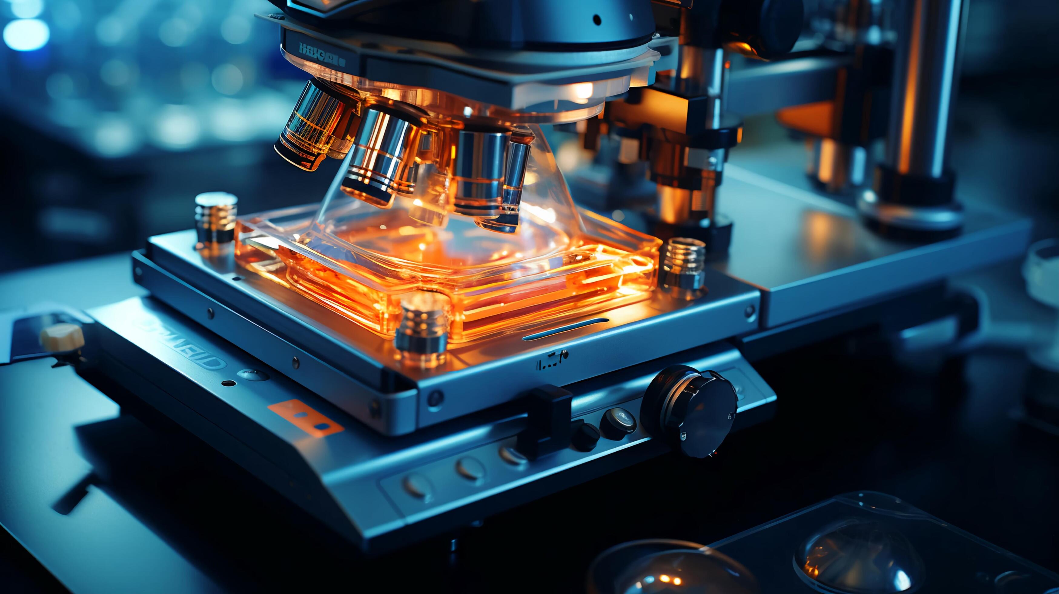 High tech futuristic digital microscope in scientific or medical laboratory for research ...