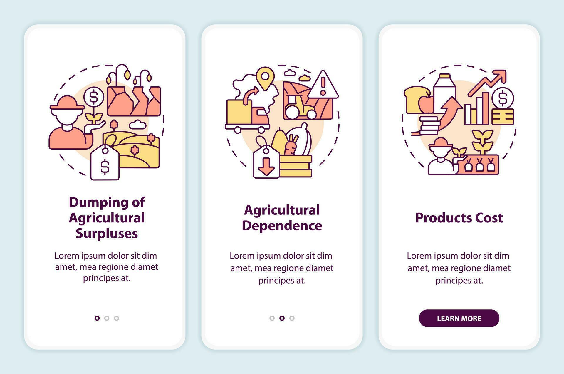 Disadvantages Of Agricultural Policy Onboarding Mobile App Screen Walkthrough 3 Steps Editable