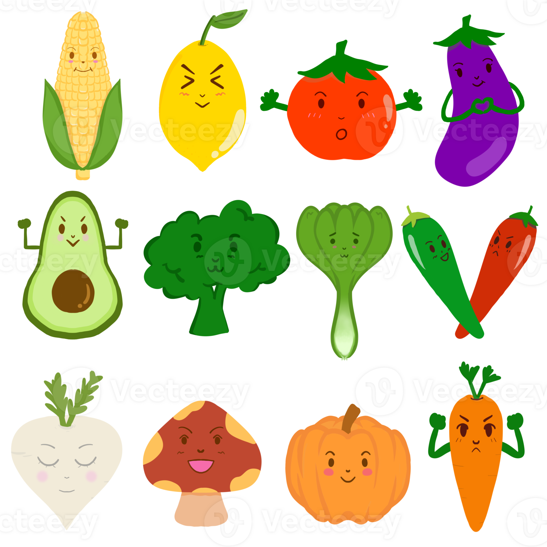 12 vegetable set collection cartoon icons illustration with cute face ...