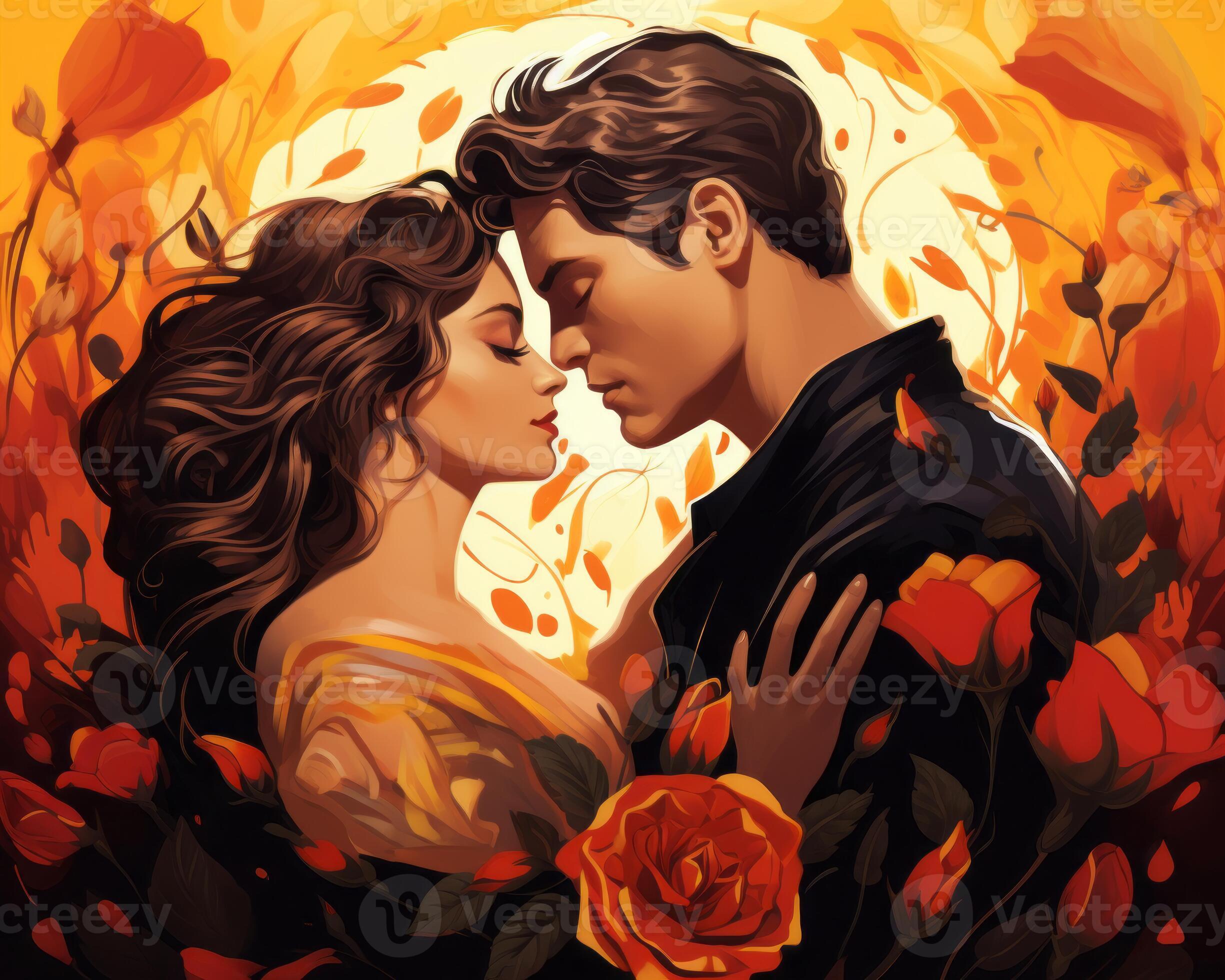 a painting of two people kissing in front of flowers generative AI 28358997 Stock Photo at Vecteezy