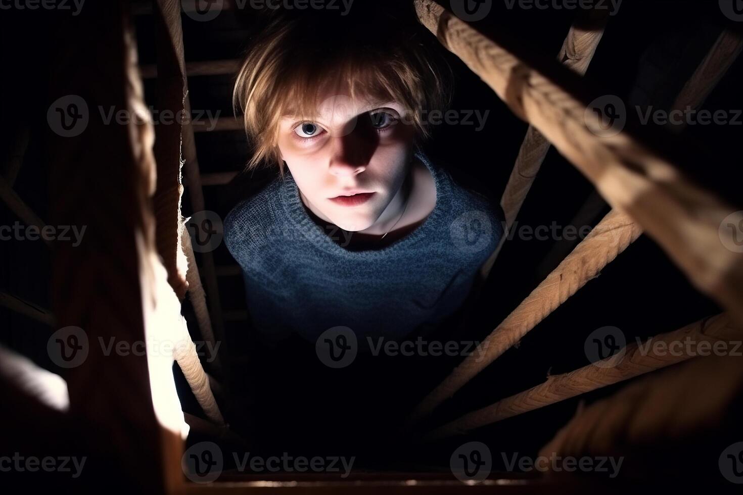 a person looking up at the camera in a dark room generative AI 28359066 ...