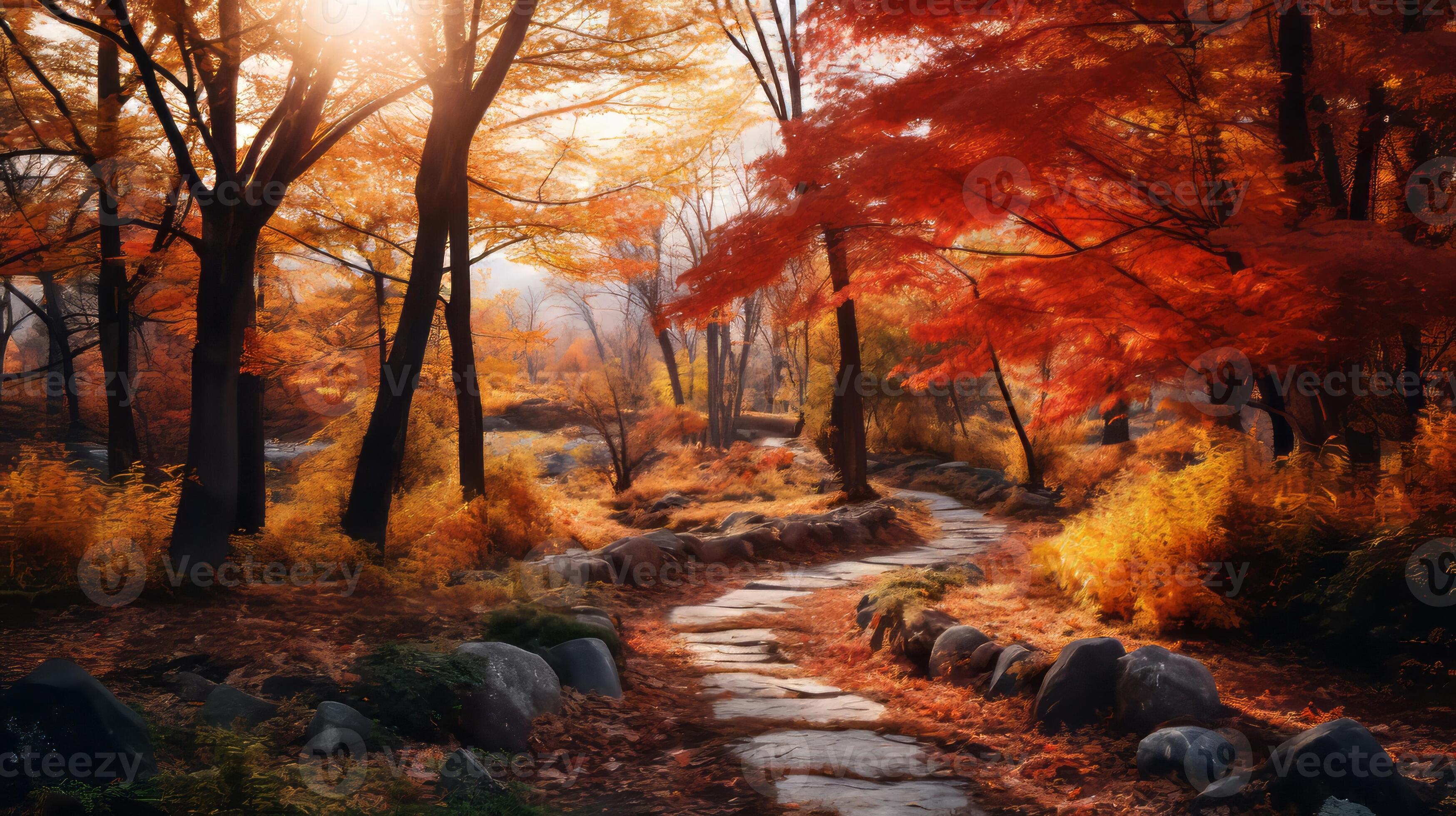 a stone path through an autumn forest with trees and rocks generative ...