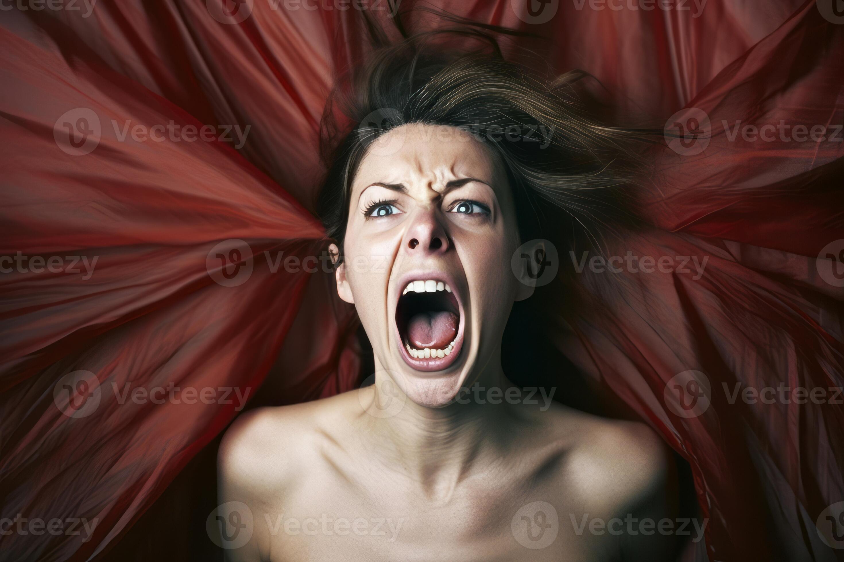 a woman screaming with her mouth open in front of a red curtain generative AI 28360142 Stock ...
