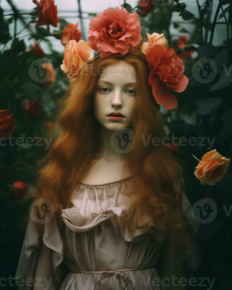 A Woman With Long Red Hair Wearing A Flower Crown Generative Ai