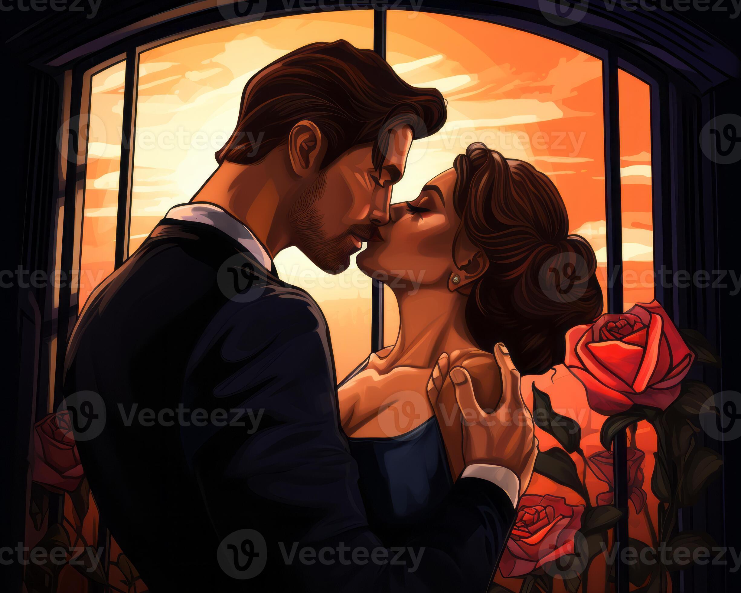 an illustration of a man and woman kissing in front of a window generative AI 28361461 Stock ...