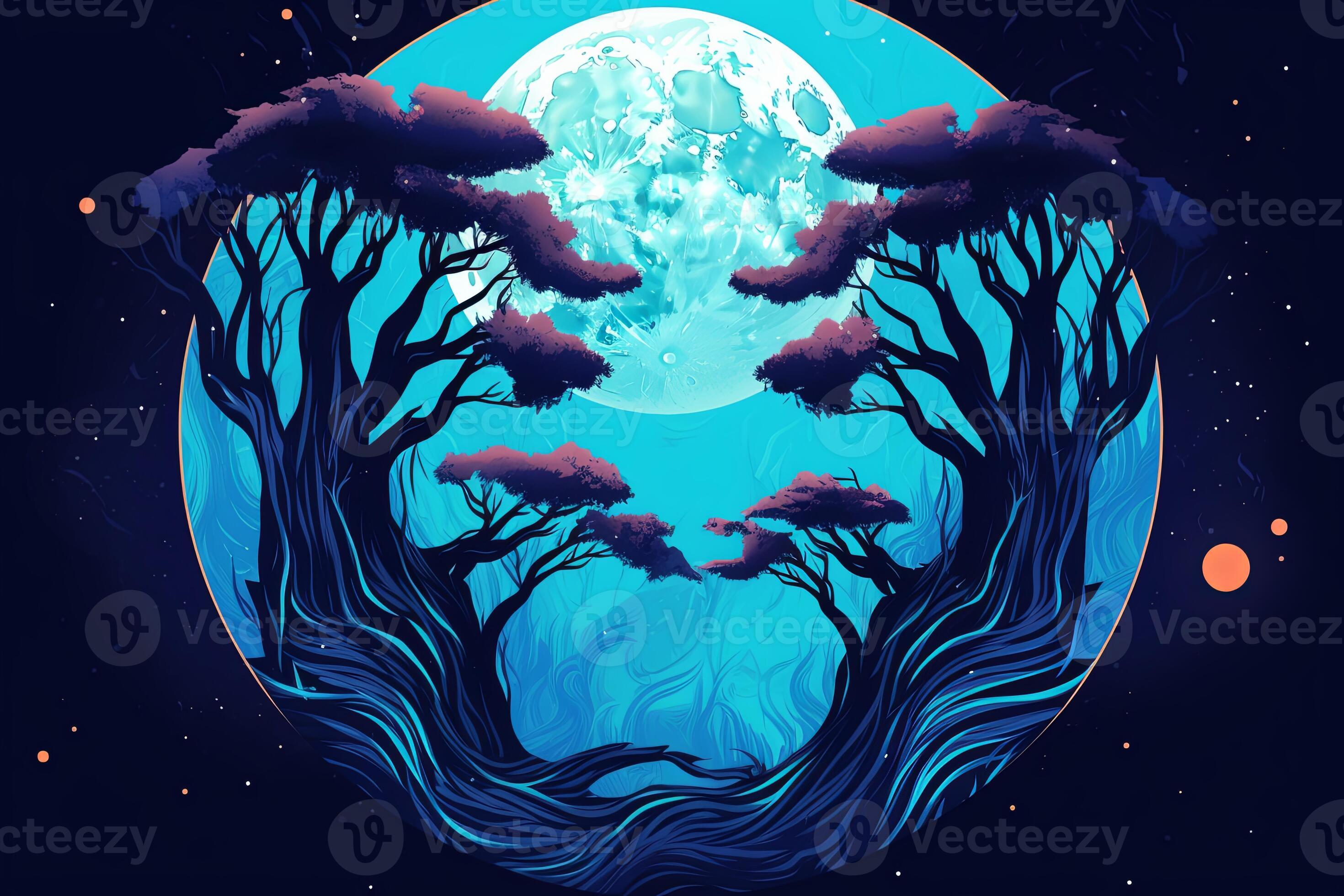 an illustration of trees and a full moon in the sky generative AI ...