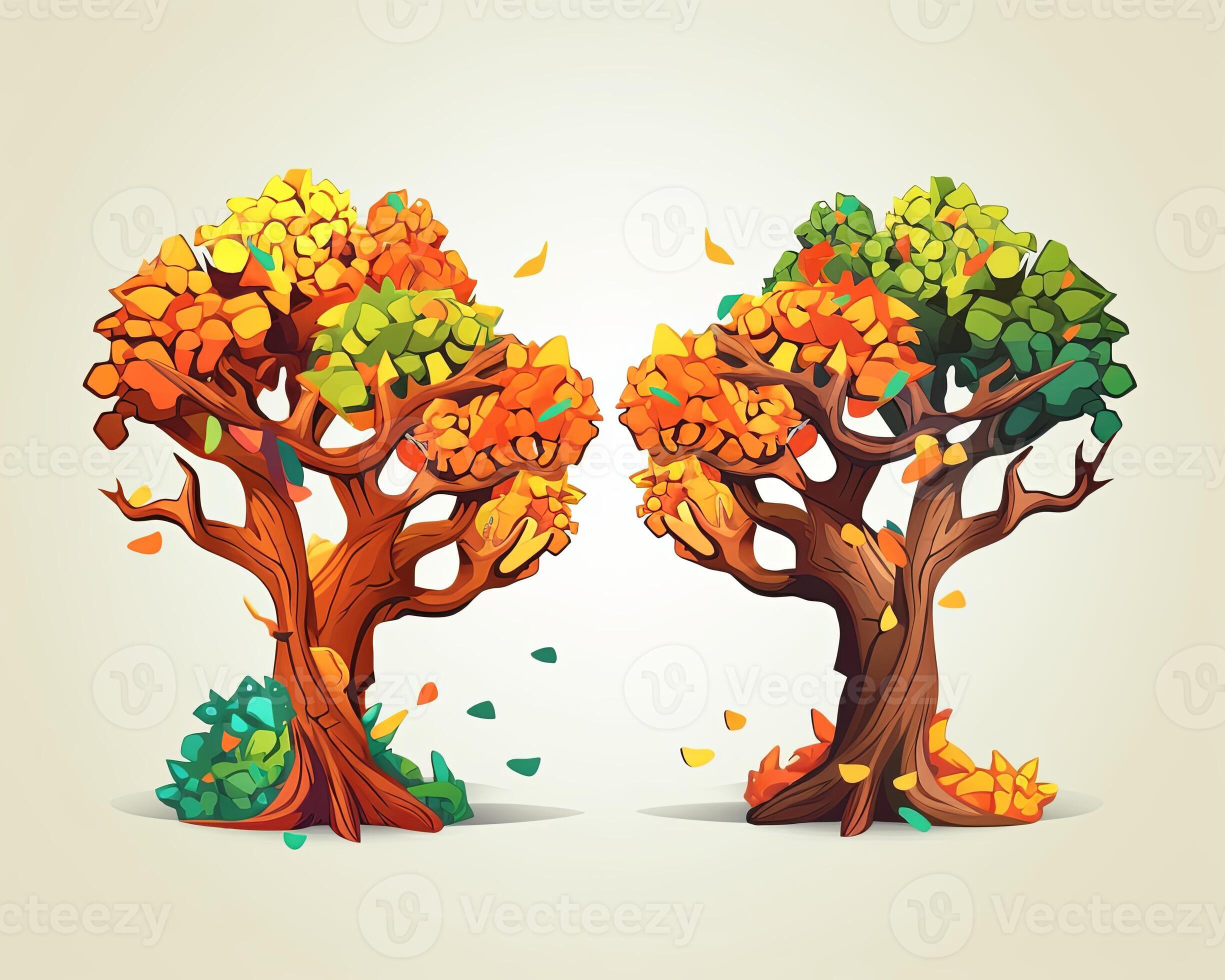 two cartoon trees with leaves falling from them generative AI 28362555 ...