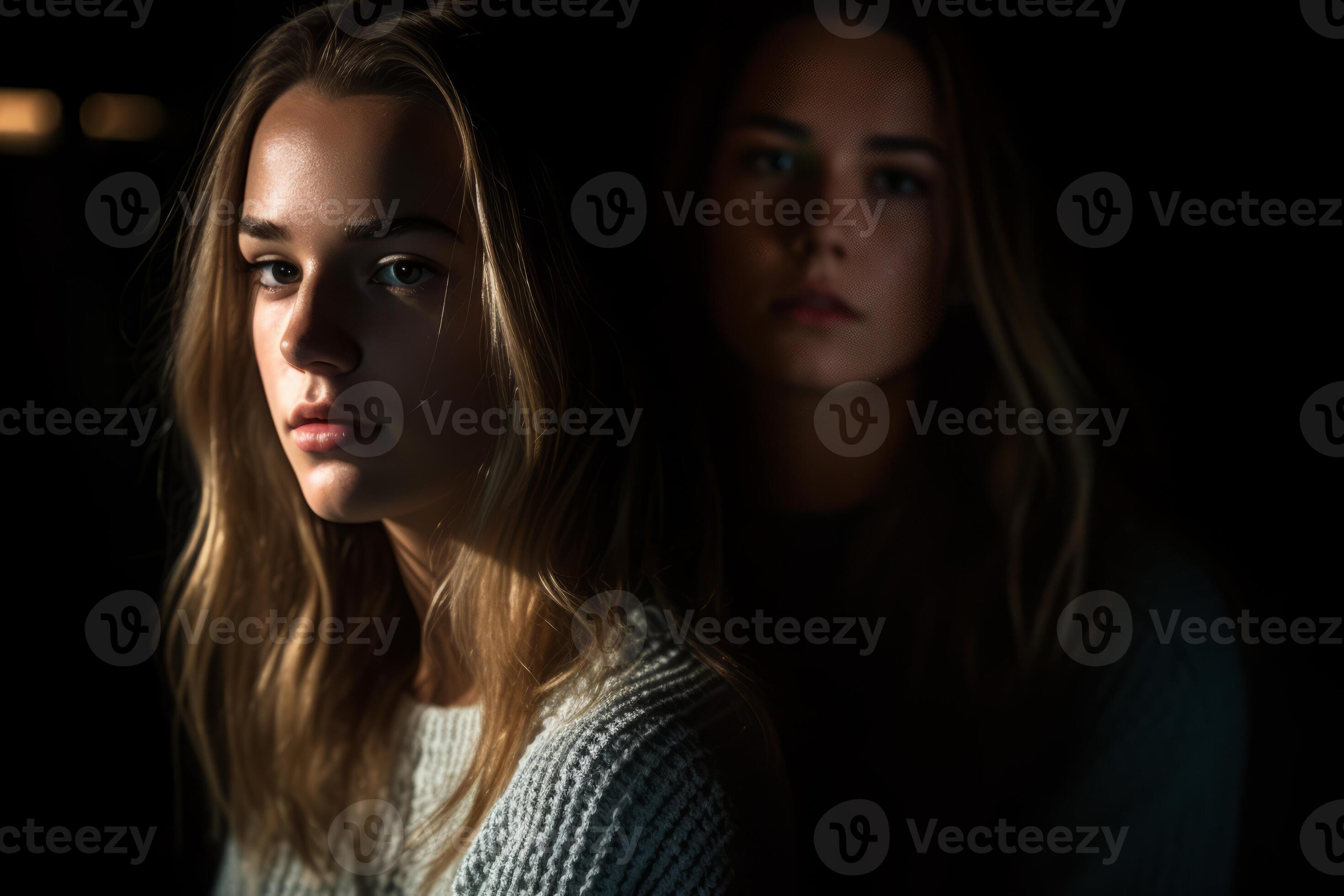 two young women looking at the camera in the dark generative AI ...